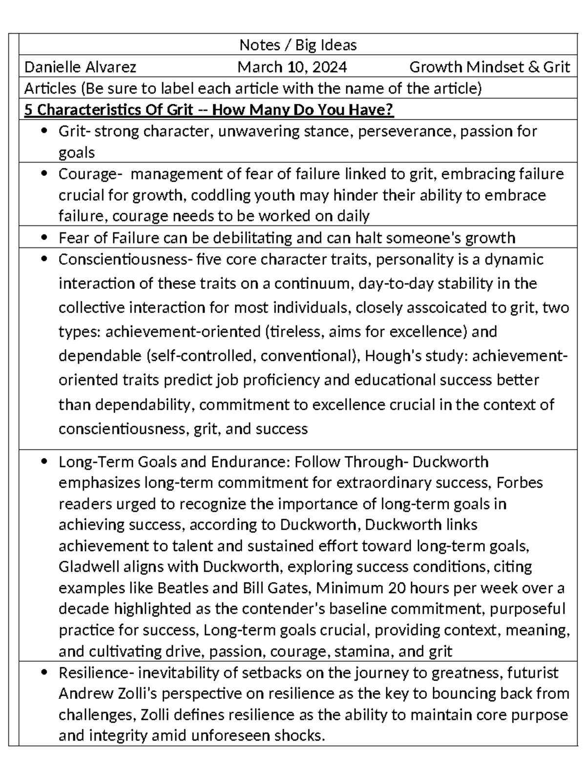 Danielle Alvarez Notes Growth Mindset ^0 Grit - Notes / Big Ideas ...