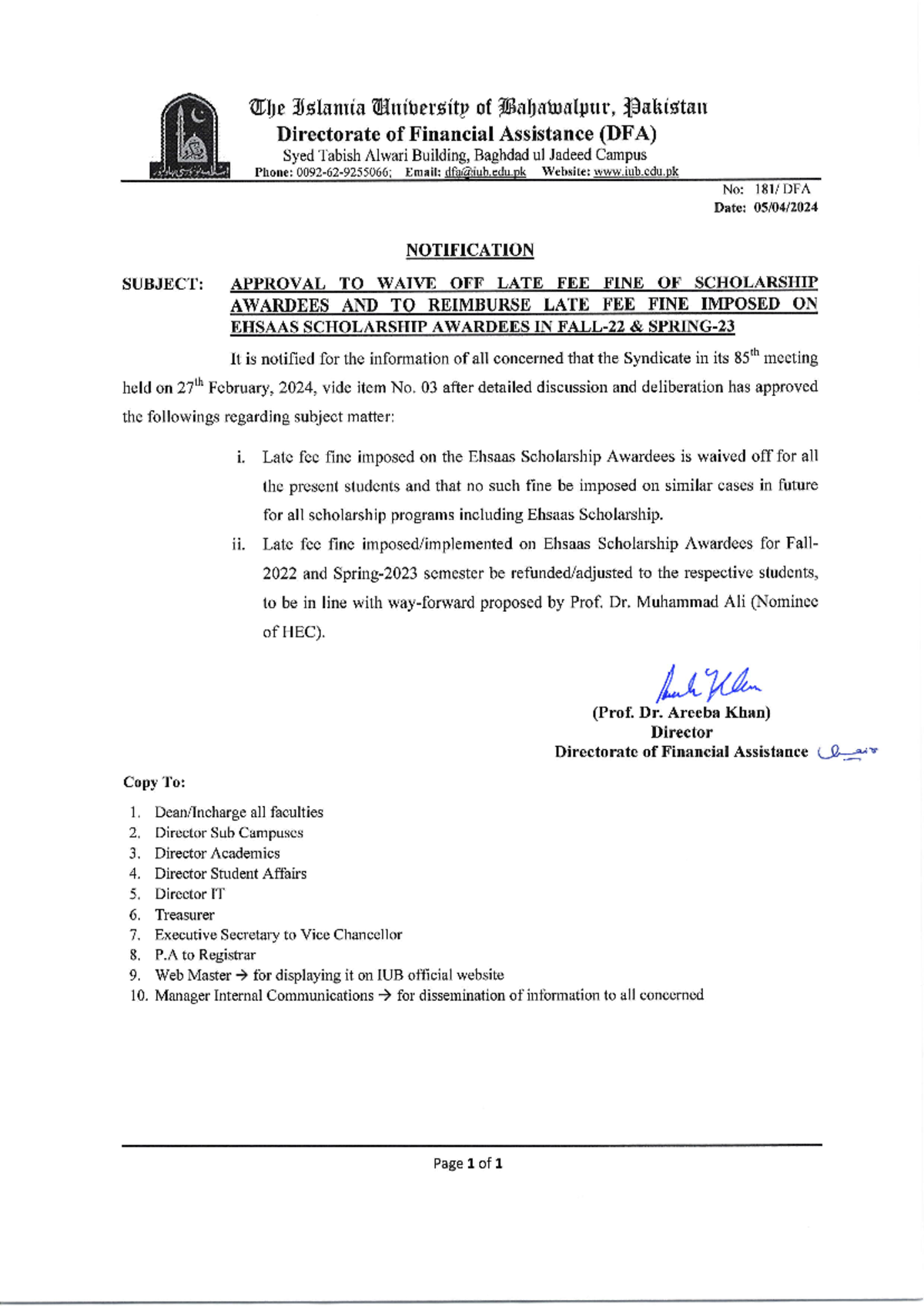 181-DFA 05-04-2024 For Fine Waive off Scholarship Awardees - o-(obo (u ...