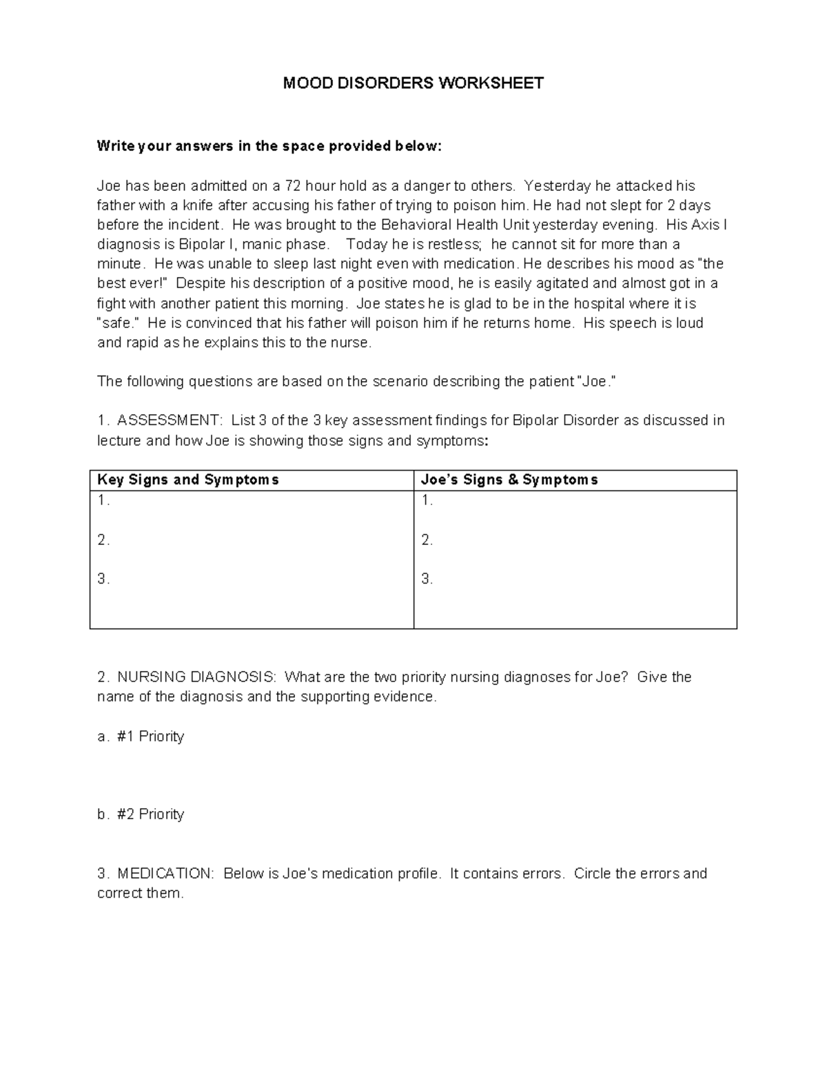 Worksheet - Mood Disorders - MOOD DISORDERS WORKSHEET Write your ...