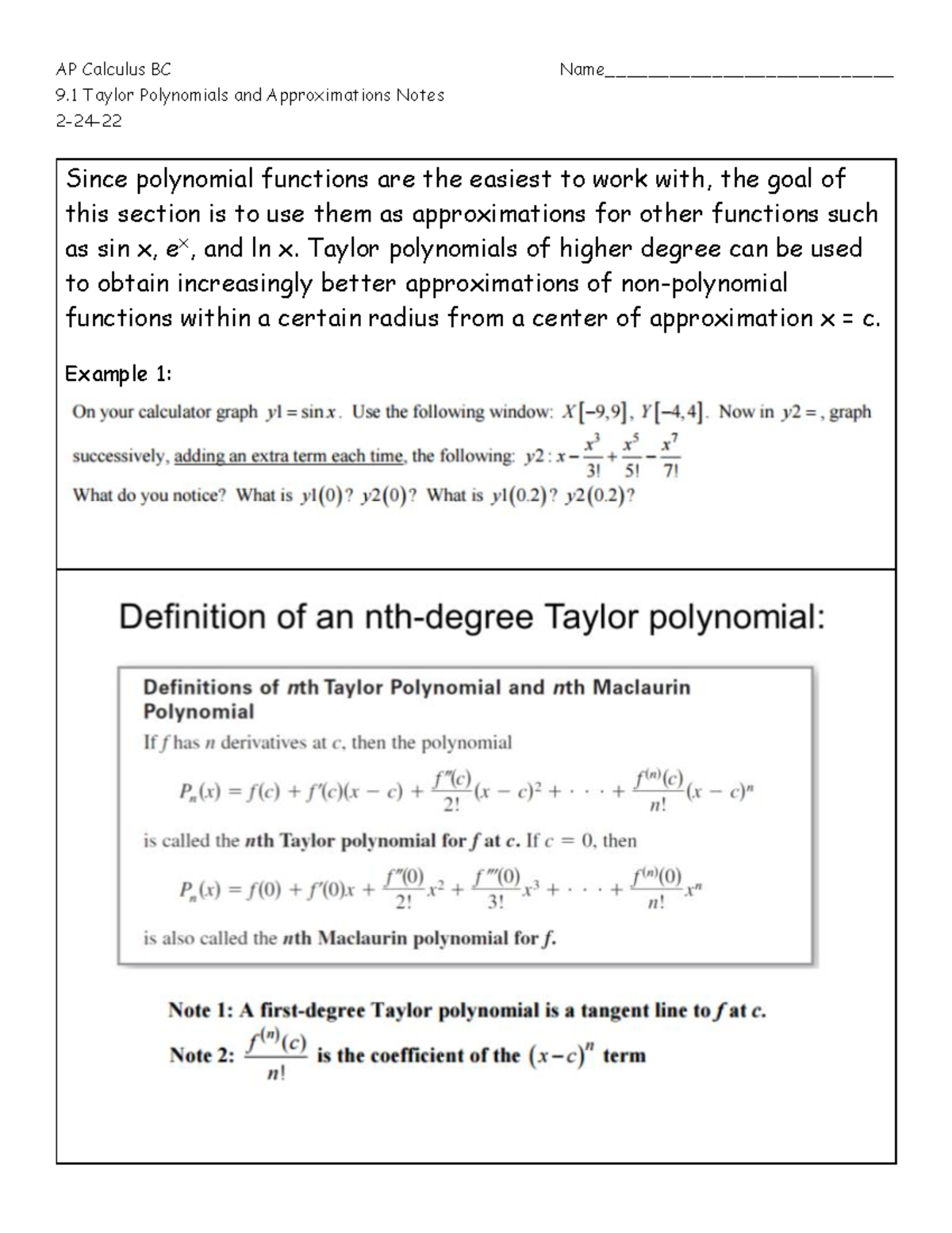 Taylor Polynomials Notes - Calculus - AP Calculus BC Name ...