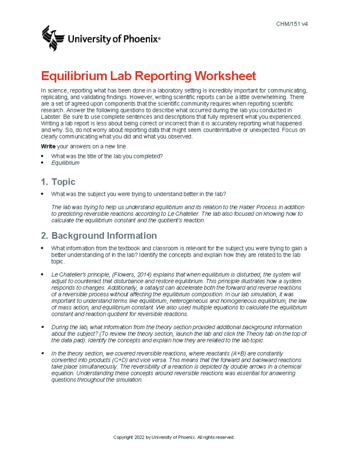 Week 3 lab report - Summary General Chemistry Ii - CHM/151 v Equilibrium Lab Reporting Worksheet ...
