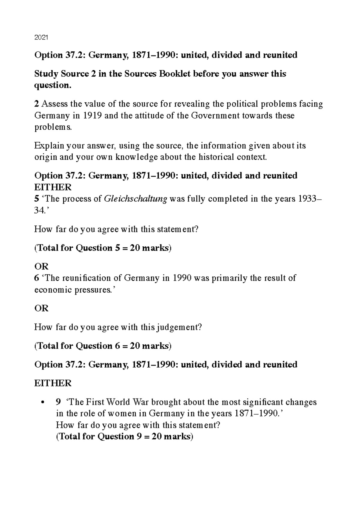 Germany Edexcel Paper 2 Questions - 2021 Option 37: Germany, 1871–1990 ...