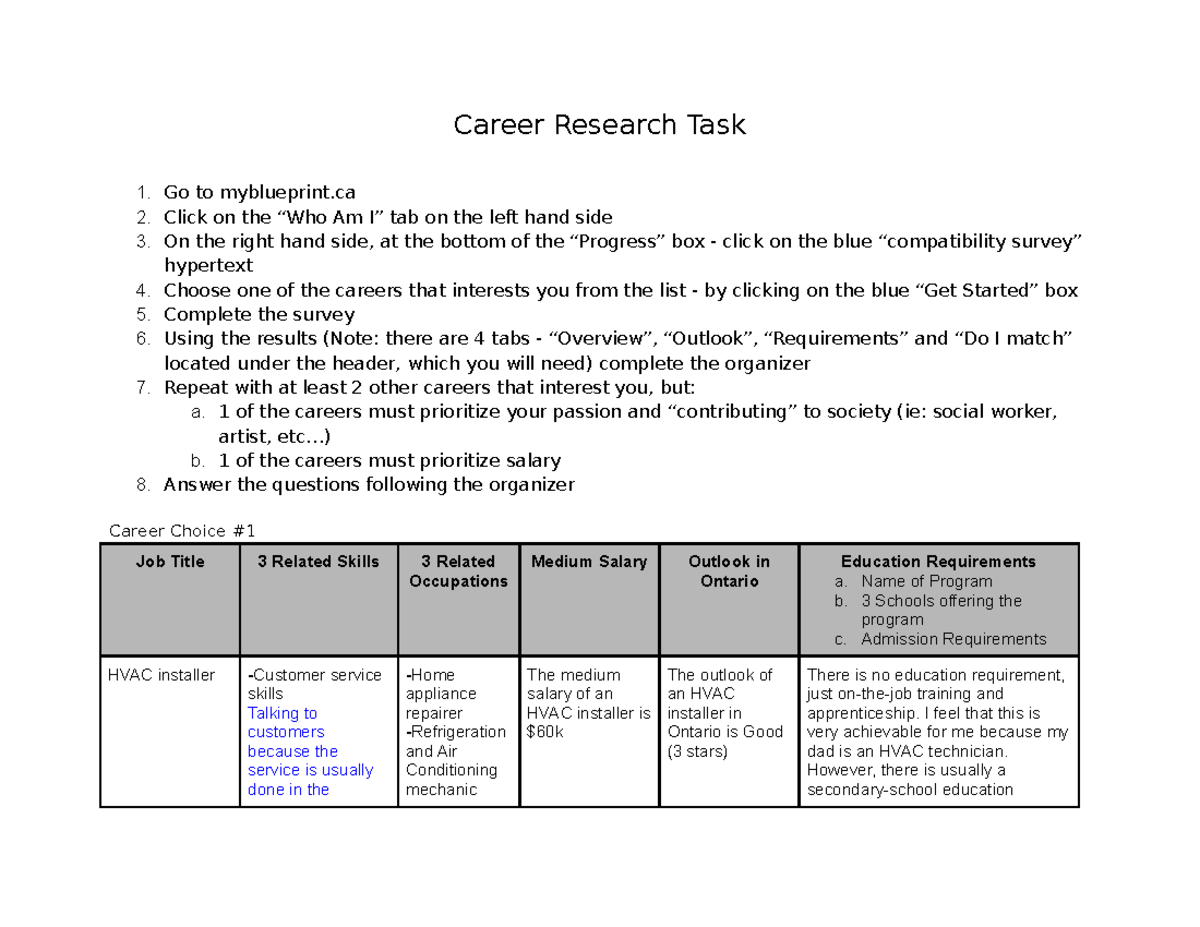 Career Research Task - Go to myblueprint 2. Click on the “Who Am I” tab ...