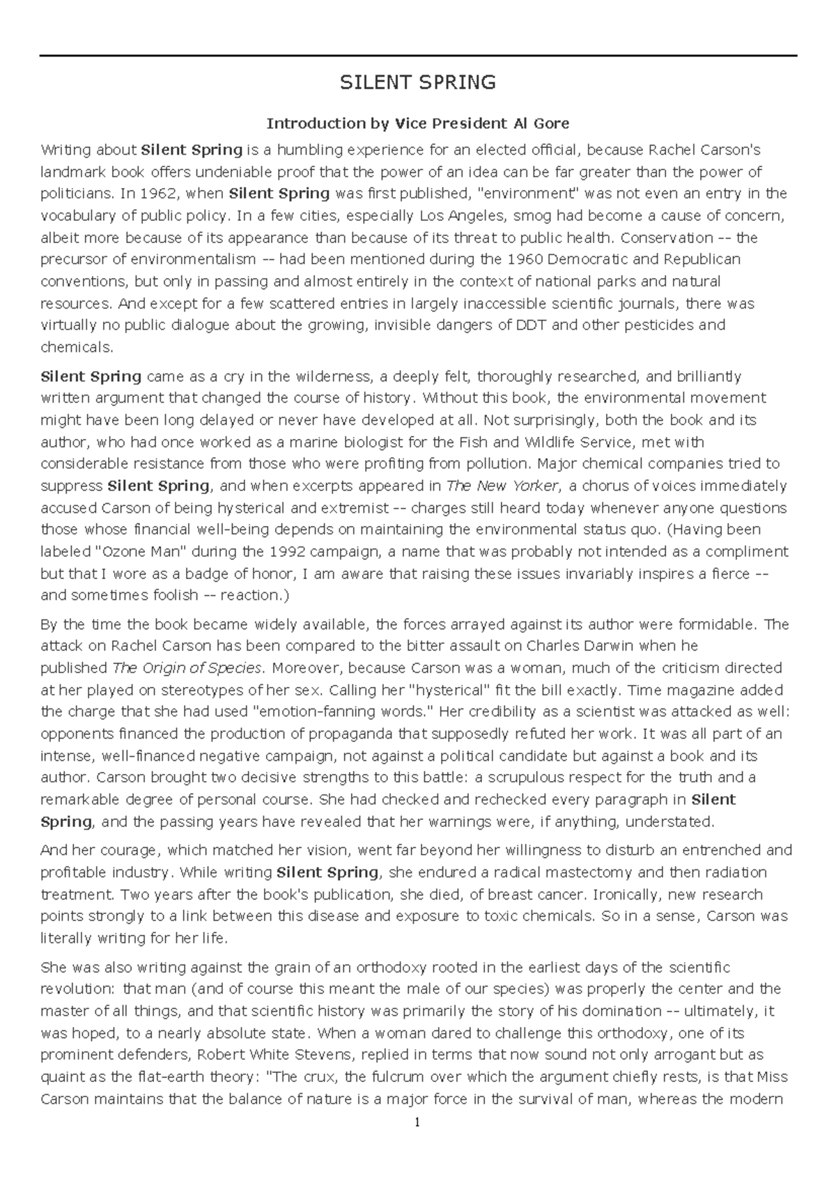 Silent Spring introductionby Al Gore - SILENT SPRING Introduction by ...