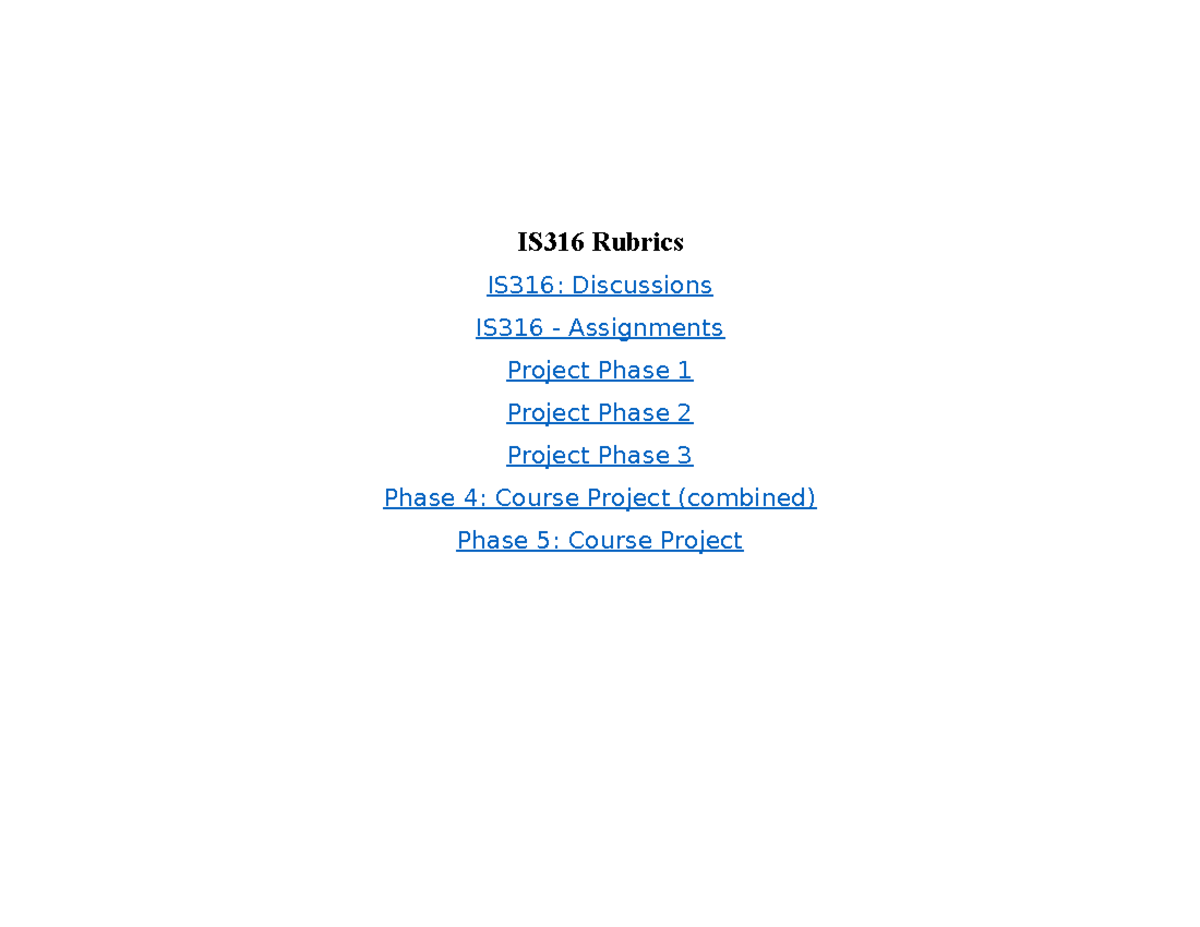 IS316 Rubrics - rubric - IS316 Rubrics IS316: Discussions IS316 - Assignments Project Phase 1 ...