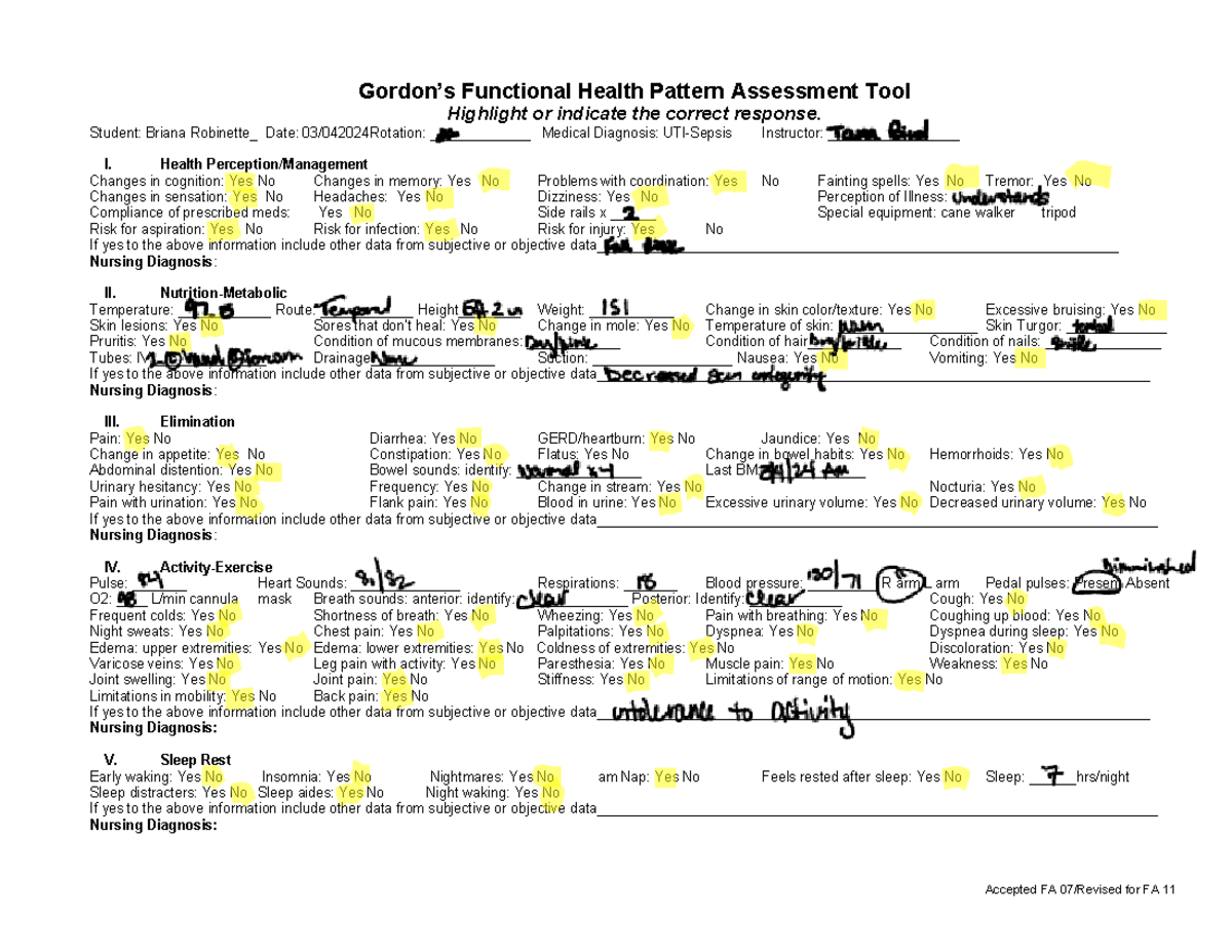 Gordan 3-4 - Work - Gordon’s Functional Health Pattern Assessment Tool ...