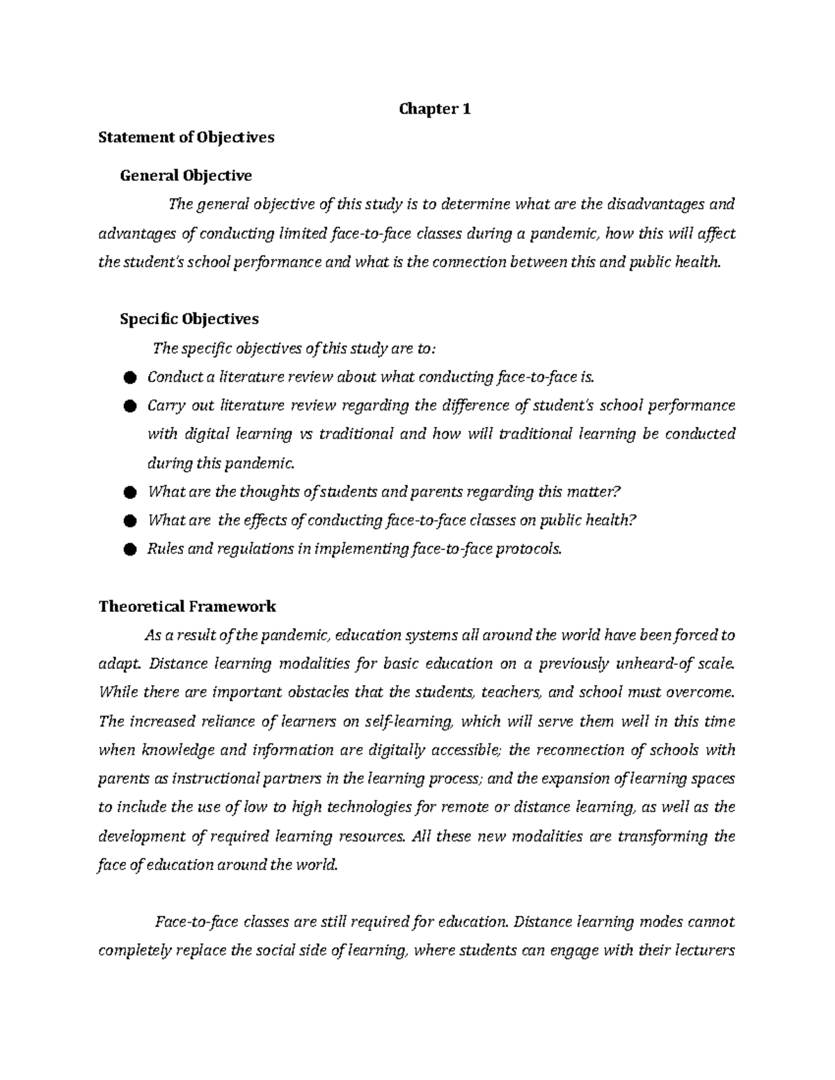 F2F Classes During the Pandemic - Chapter 1 Statement of Objectives ...