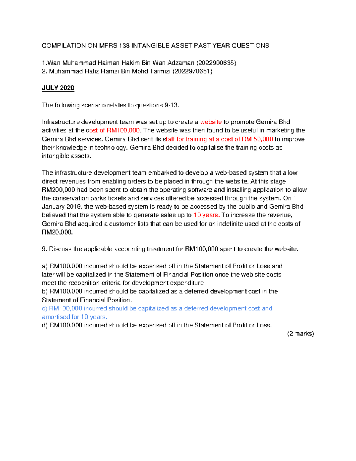 Compilation PYQ IA - COMPILATION ON MFRS 138 INTANGIBLE ASSET PAST YEAR ...