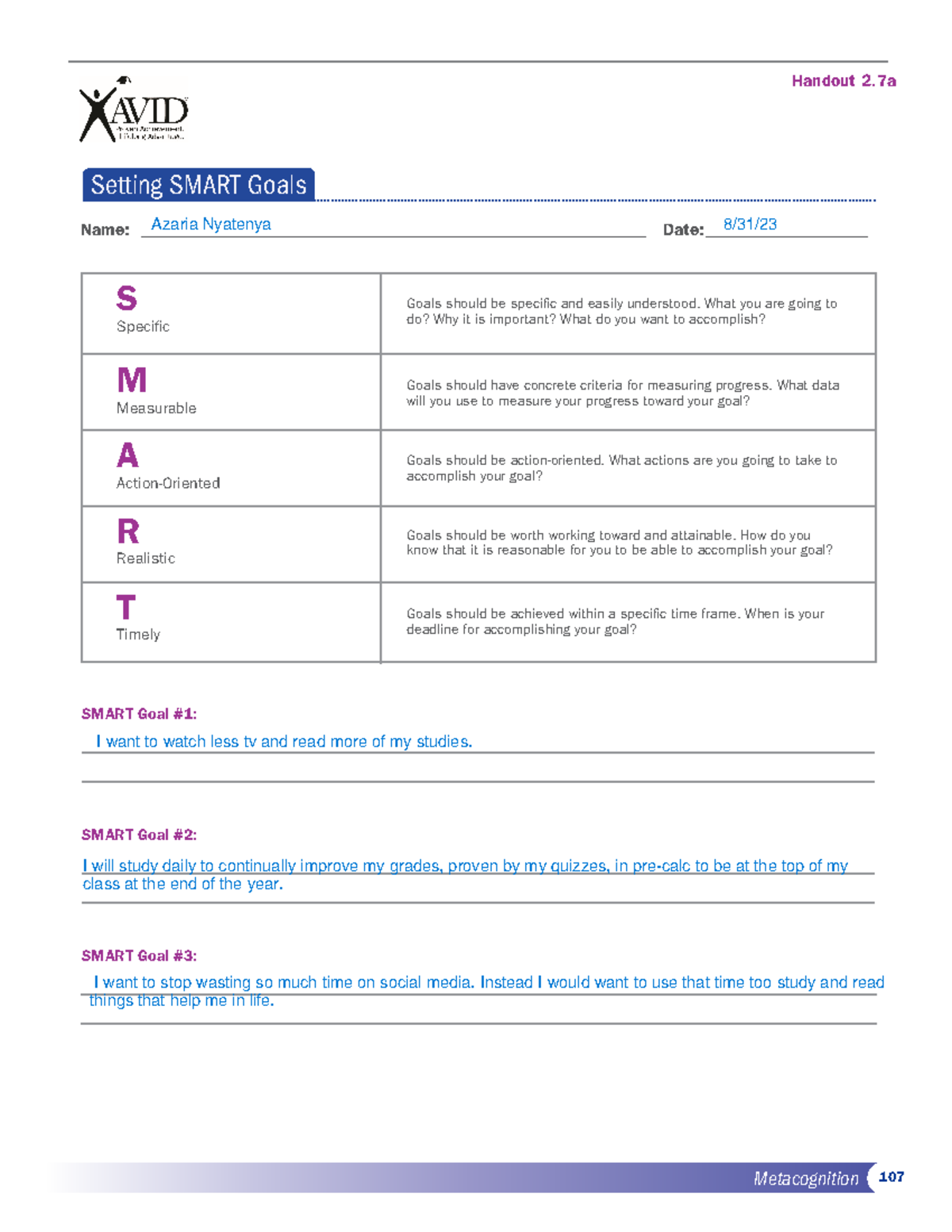 Smart Goals AVID - Notes taken. - 107 Setting SMART Goals S Specific M ...