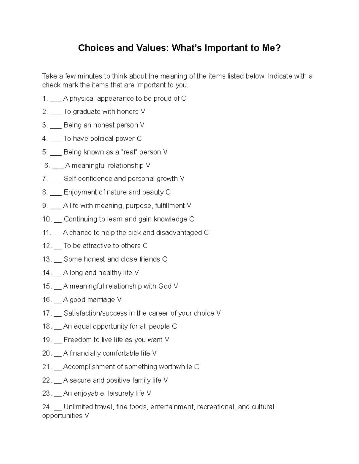 What are my values exercise -student - Choices and Values: What’s ...