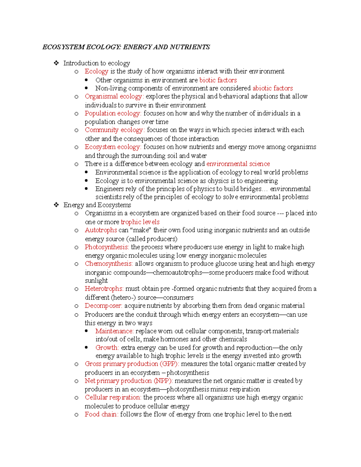 BIO Ecosystem Ecology - Lecture notes 2 - ECOSYSTEM ECOLOGY: ENERGY AND ...