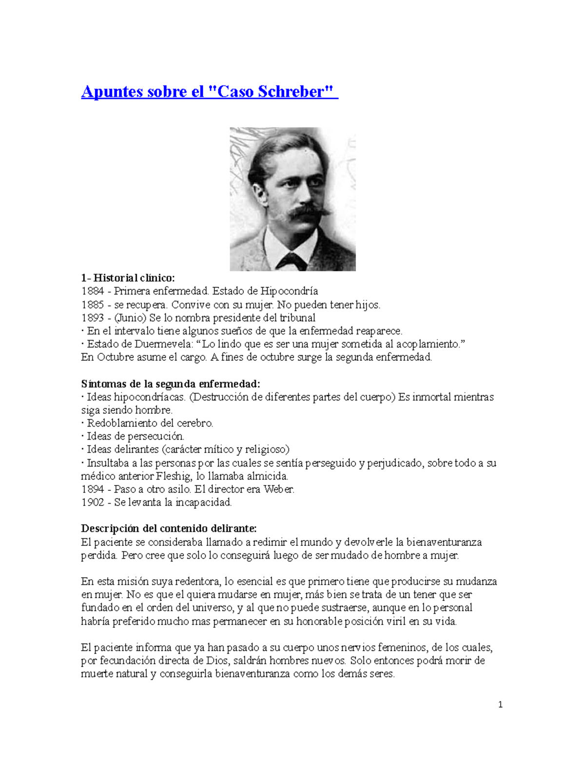 CASO Schreber - Texto - Apuntes sobre el "Caso Schreber" 1- Historial ...