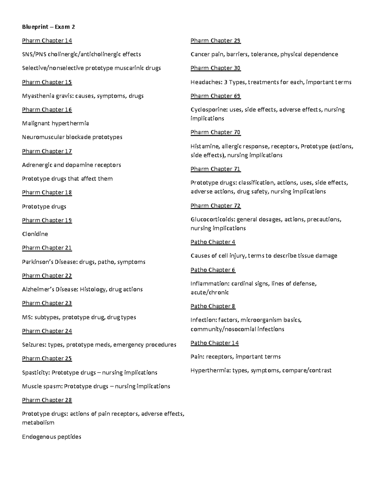 Exam 2 Blueprint - study guide - Blueprint – Exam 2 Pharm Chapter 14 ...