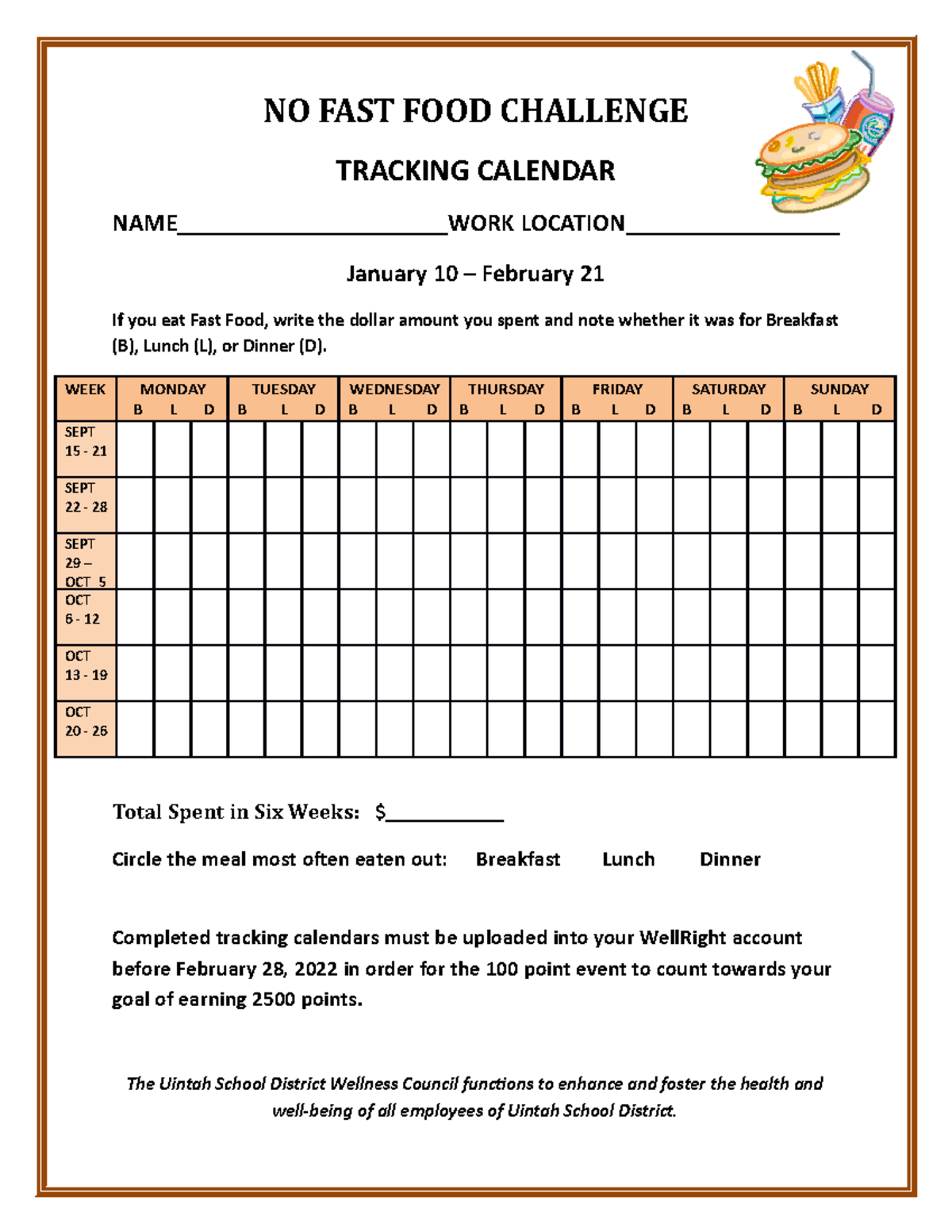 Fast food thinger assignment - NO FAST FOOD CHALLENGE TRACKING CALENDAR ...