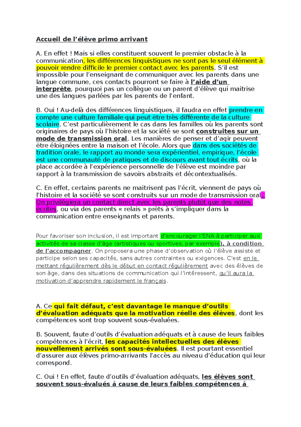 Problématique - notes SPOC - Accueil de l’élève primo arrivant A. En ...
