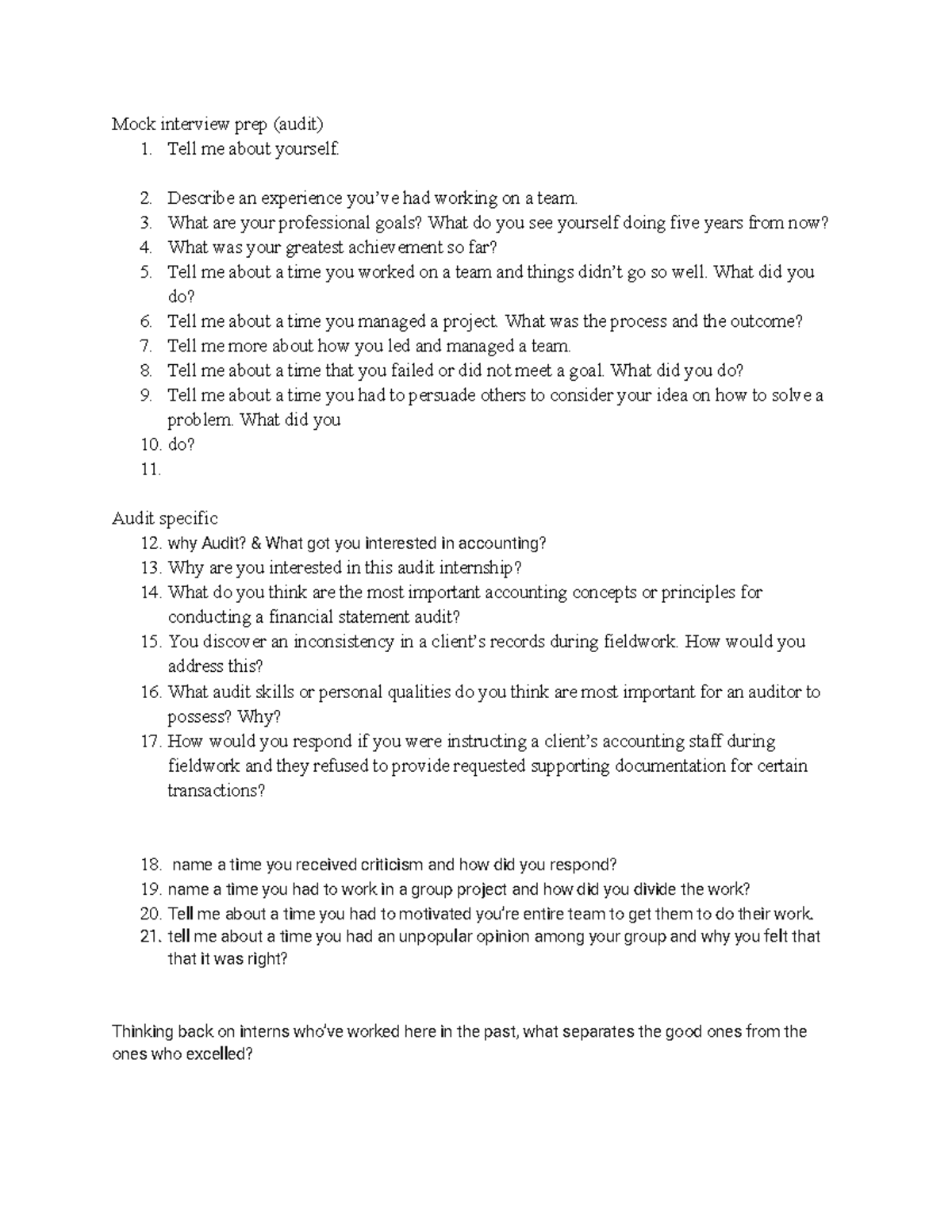 Mock Interview Prep Mock Practice Questions Mock Interview Prep Audit 1 Tell Me About