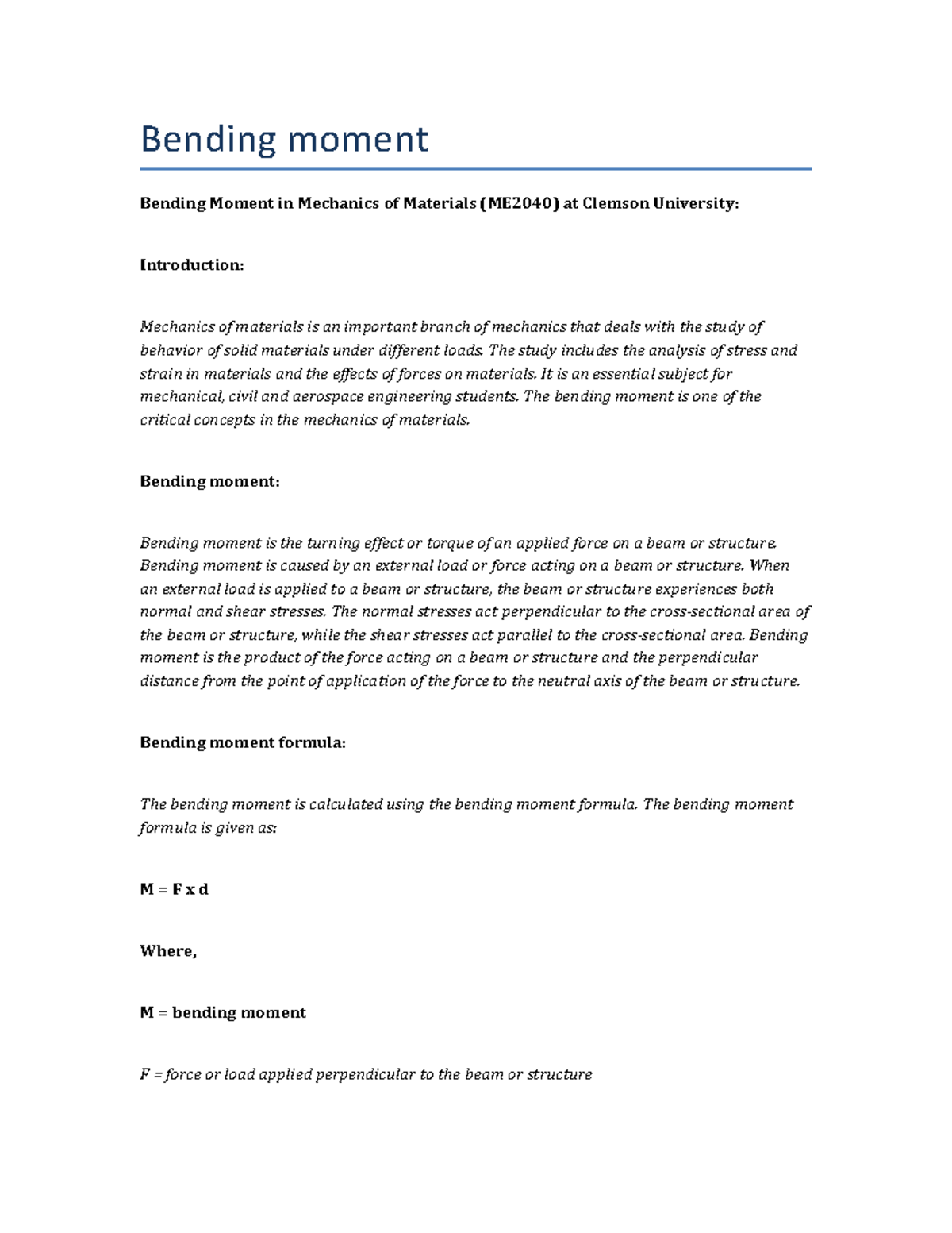 Bending moment - Mechanics of Materials (ME2040) Lecture notes ...
