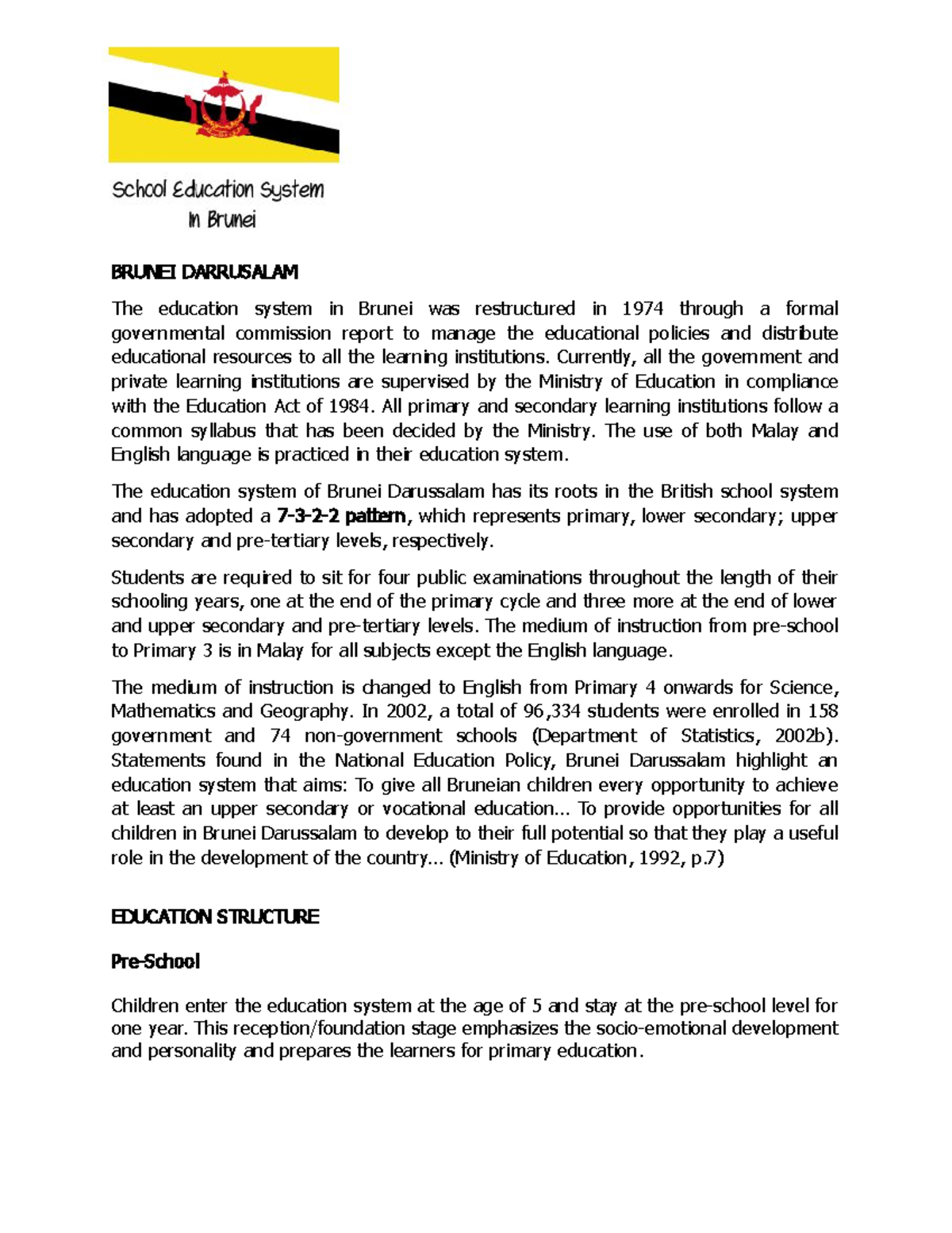 Brunei Darrusalam - BRUNEI DARRUSALAM The education system in Brunei ...