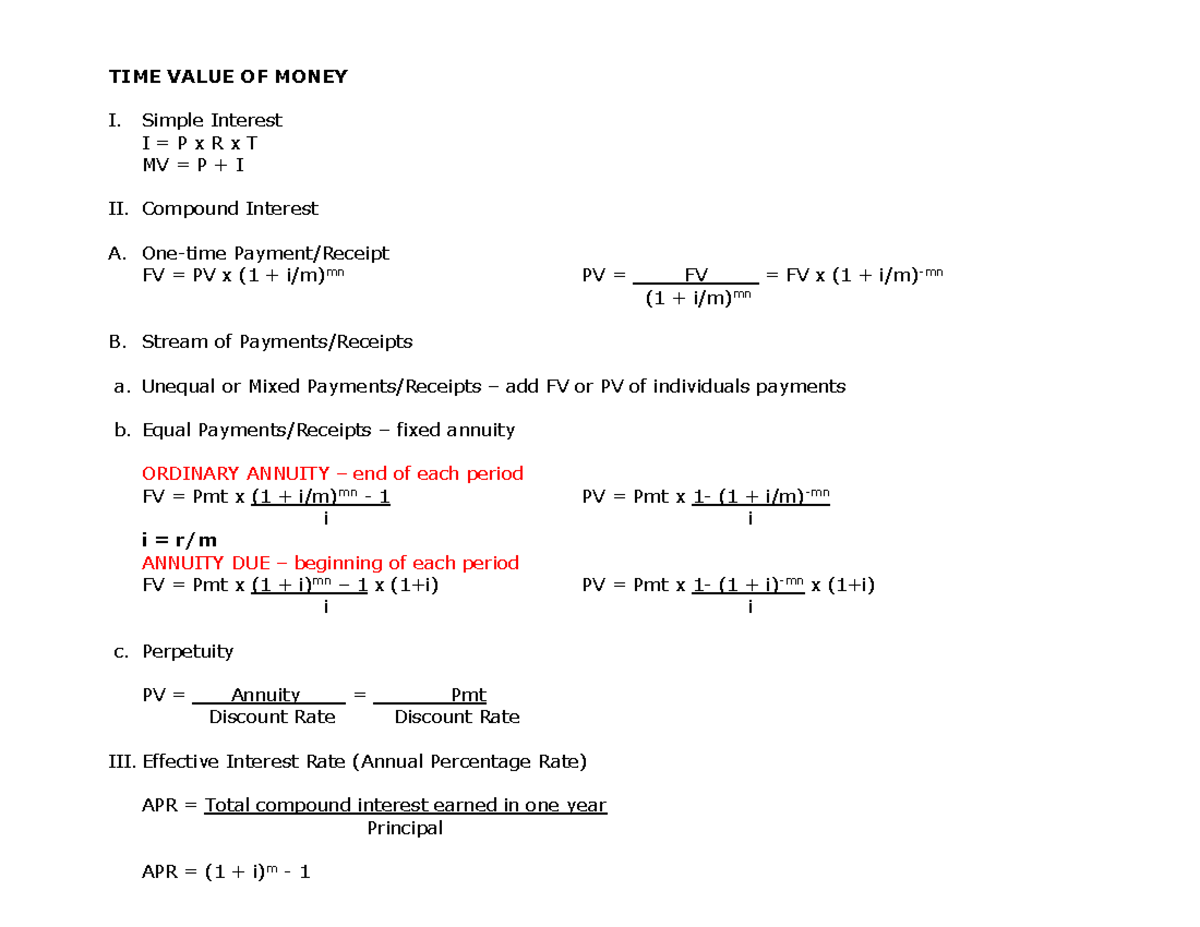 TIME Value OF Money Formulas - TIME VALUE OF MONEY I. Simple InterestI ...