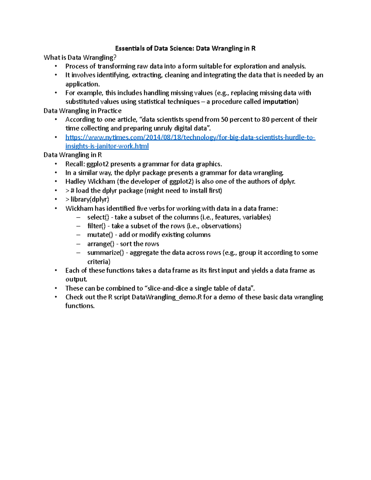 Data Wrangling notes - Dr. Regis - Essentials of Data Science: Data ...
