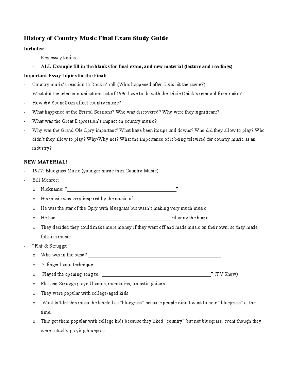Country Music Final Exam Study Guide - History of Country Music Final ...