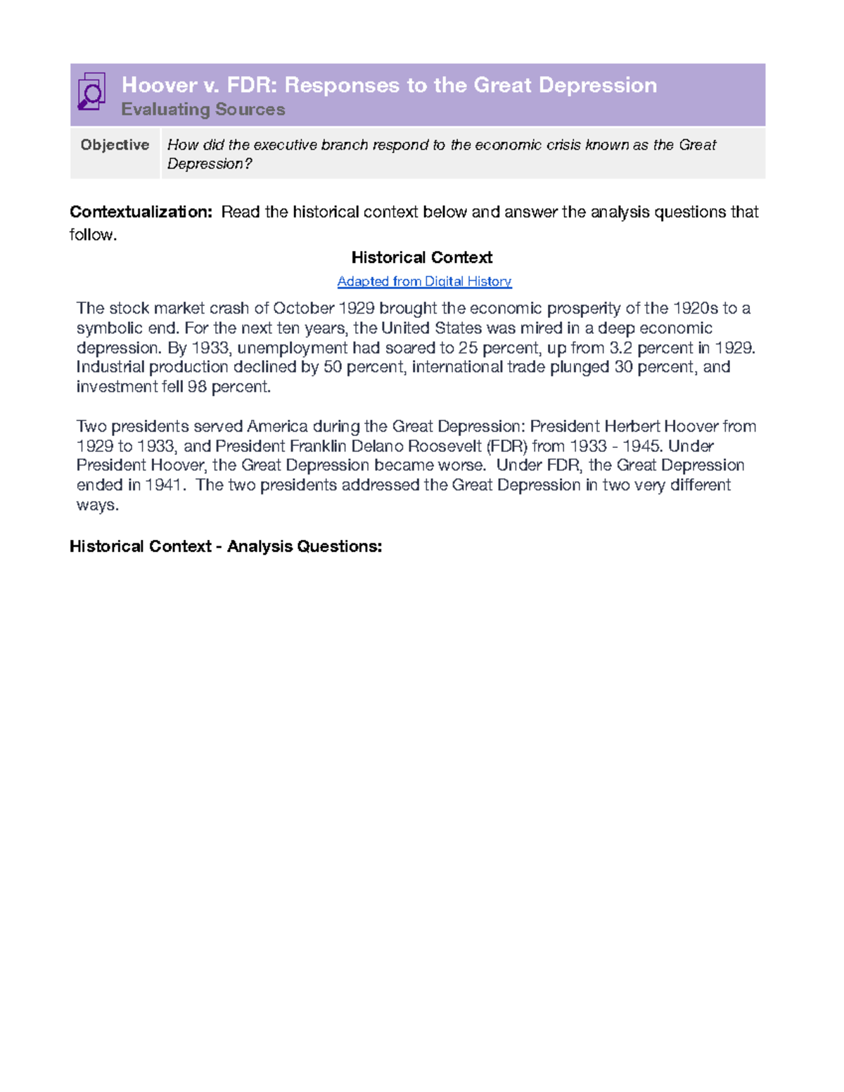 Evaluating Sources Hoover v. FDR 3 - Hoover v. FDR: Responses to the ...