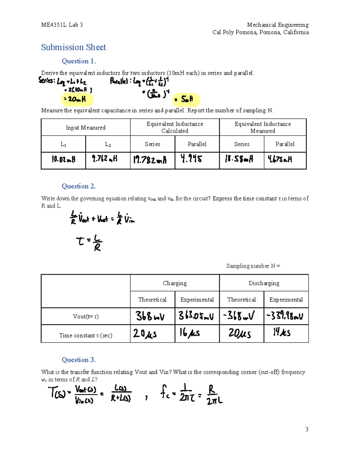 MM Lab 3 Submission Sheet - ME4351L Lab 3 Mechanical Engineering Cal ...