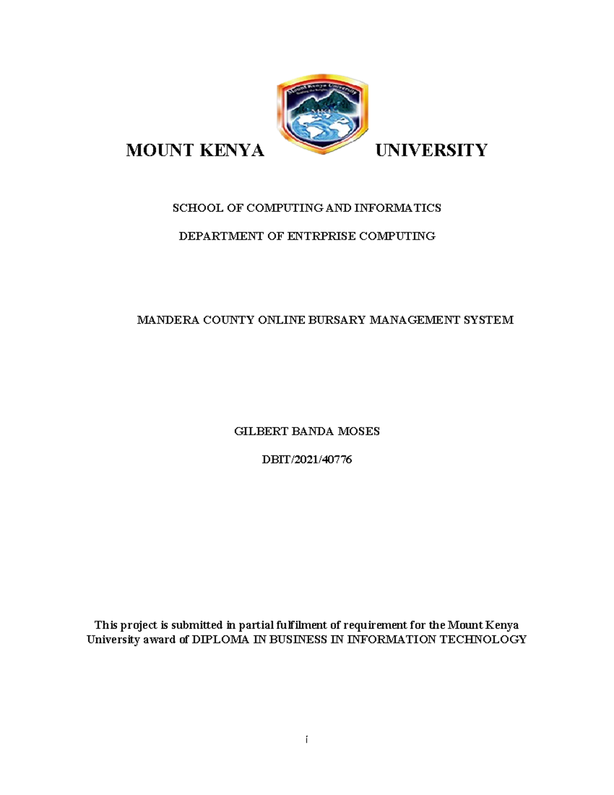 Banda Project - MOUNT KENYA UNIVERSITY SCHOOL OF COMPUTING AND ...
