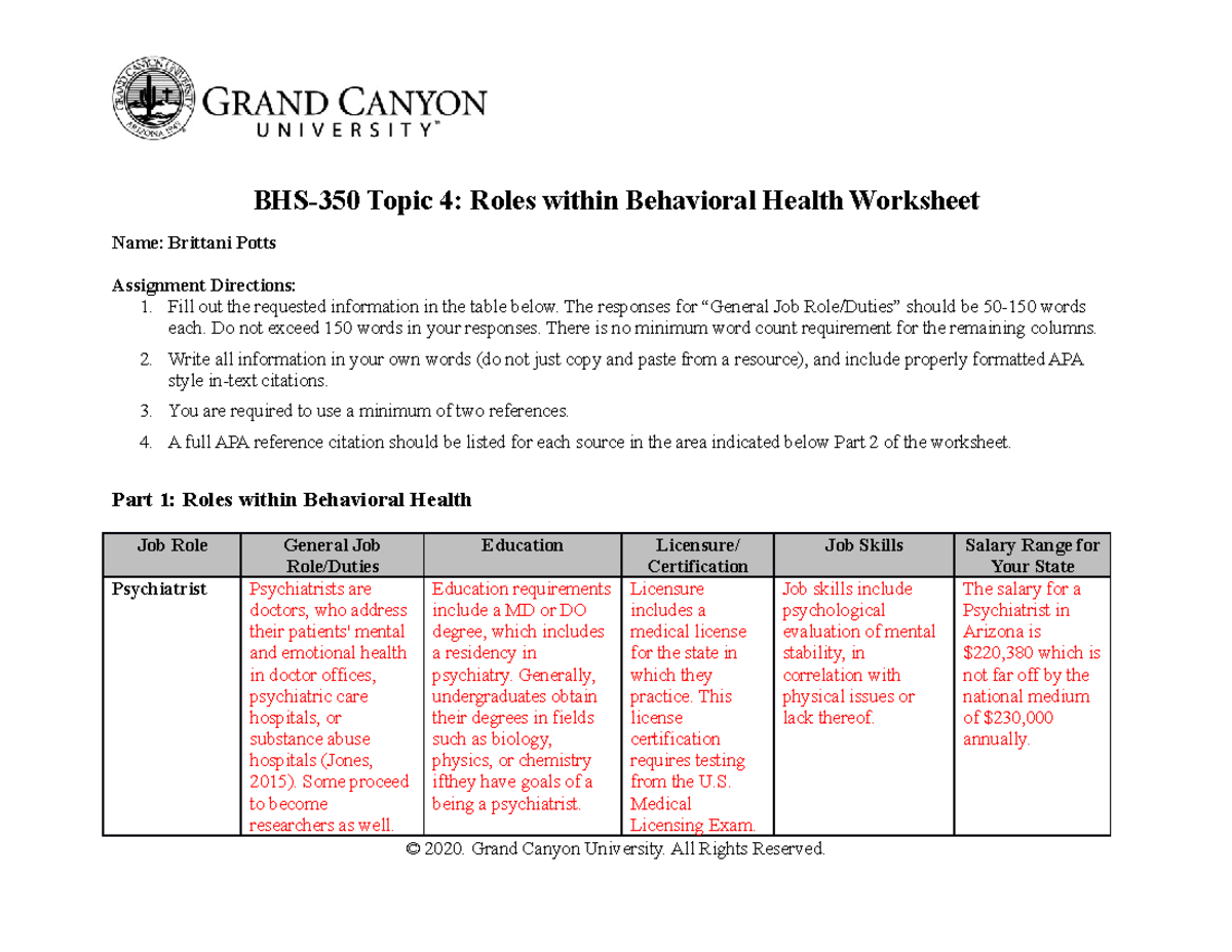 Roles Worksheet - BHS-350 Topic 4: Roles within Behavioral Health ...