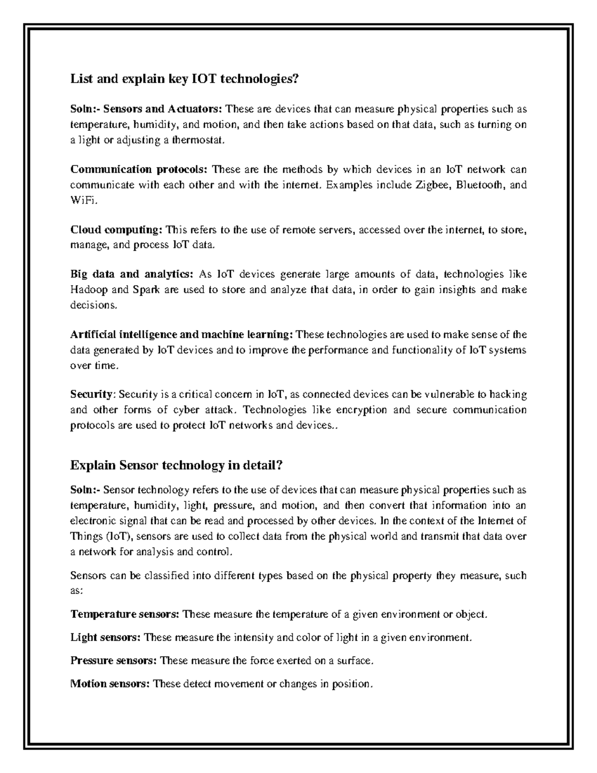 Cp0203 Iot Iot Question And Answers List And Explain Key Iot Technologies Soln Sensors