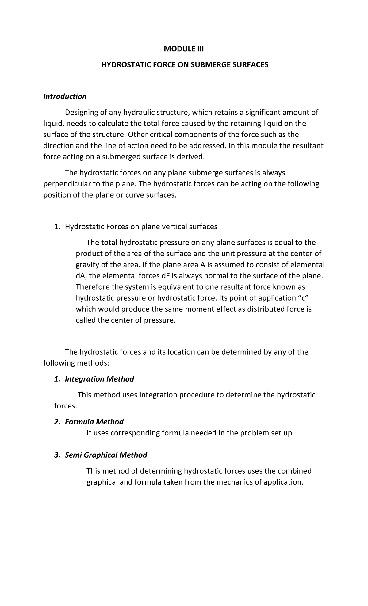 Module-III - HYDROSTATIC FORCE ON SUBMERGE SURFACES - MODULE III ...