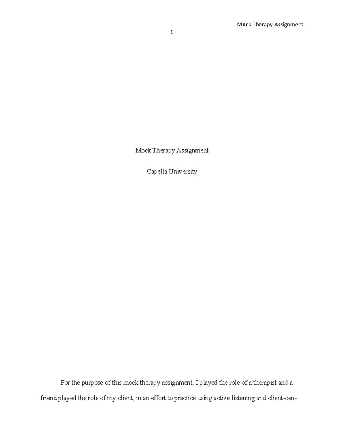 Mock Therapy Assignment - 1 Mock Therapy Assignment Capella University ...