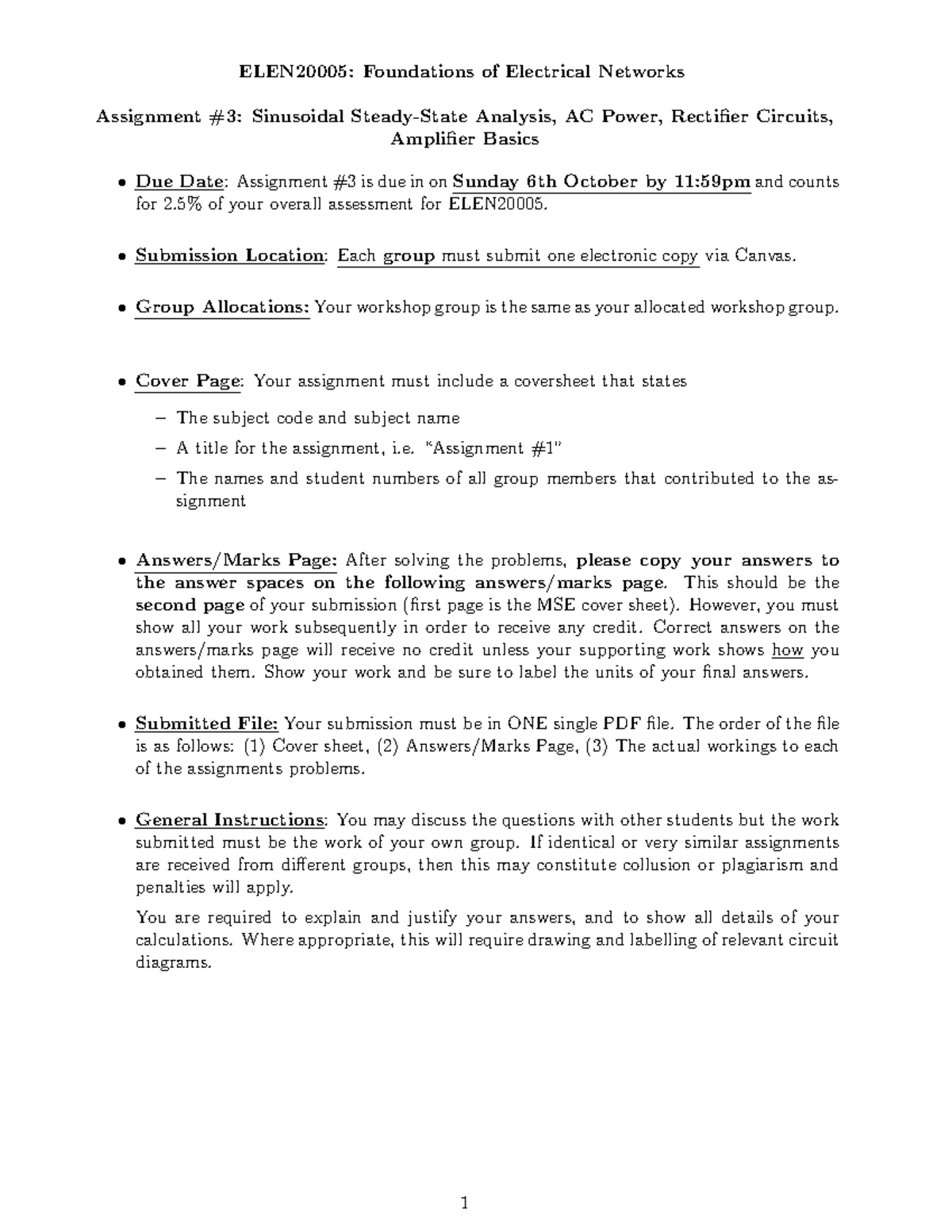 Assignment three - ELEN20005: Foundations of Electrical Networks Assignment #3: Sinusoidal - Studocu