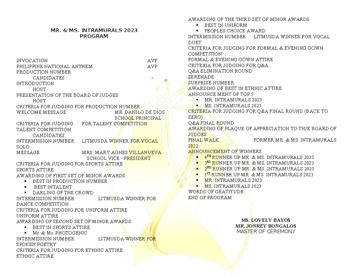 Program - MR. & MS. INTRAMURALS 2023 PROGRAM INVOCATION AVP PHILIPPINE ...