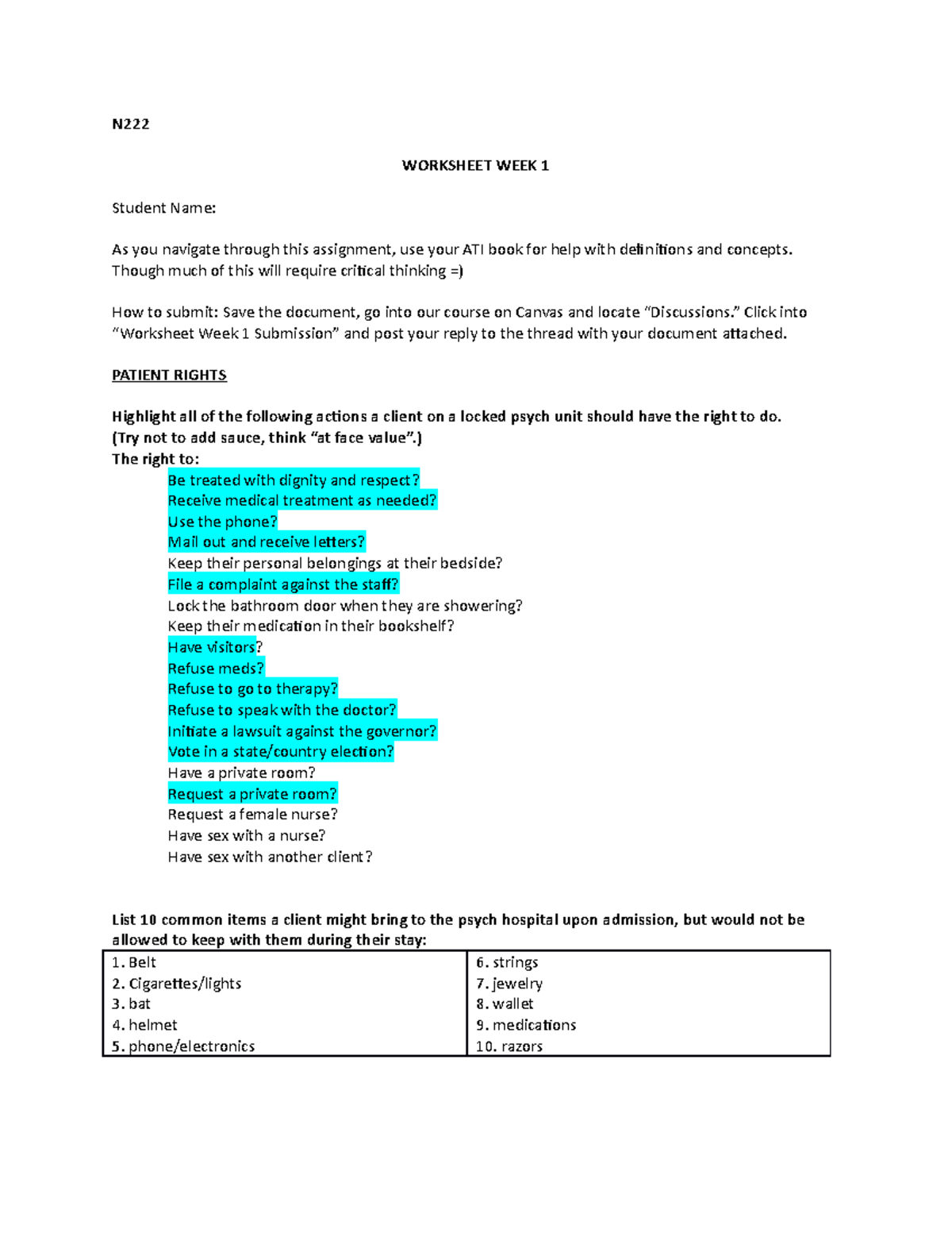 Worksheet Week 1 summer - N WORKSHEET WEEK 1 Student Name: As you ...
