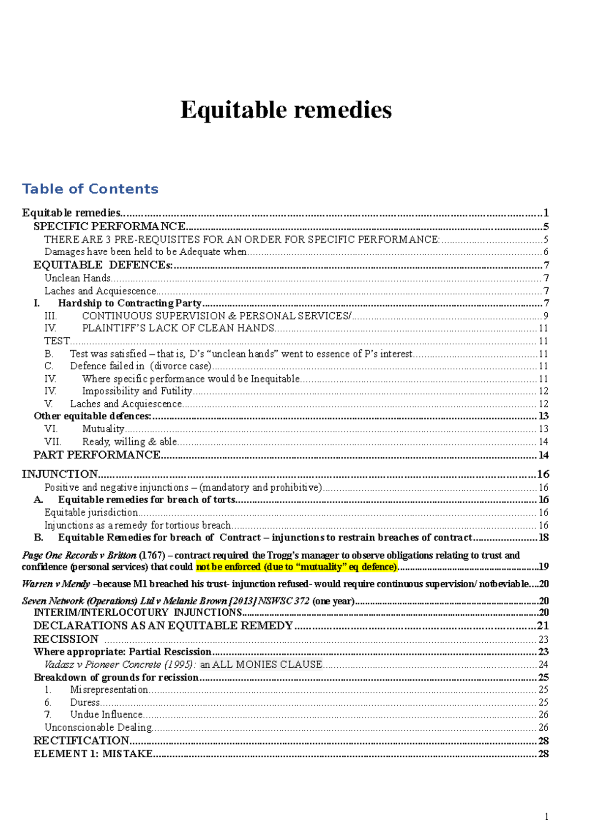 Booklet 5 equitable remedies - Equitable remedies Table of Contents ...
