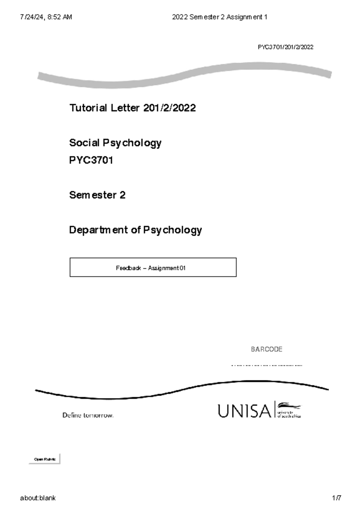 2022 Semester 2 Assignment 1 - PYC3701/201/2/ Tutorial Letter 201/2/ 2022 Social Psychology PYC ...