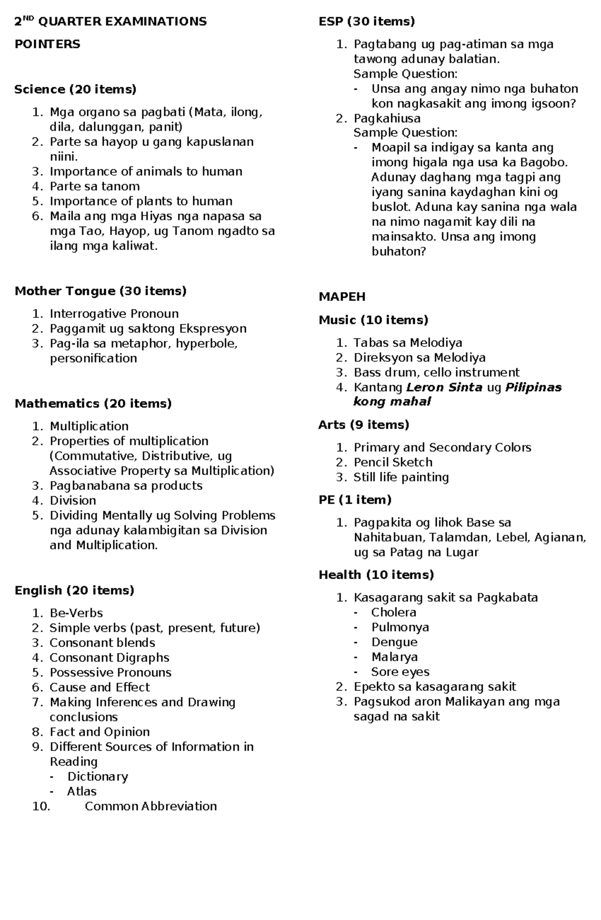 2ND Quarter Examinations - 2 ND QUARTER EXAMINATIONS POINTERS Science ...