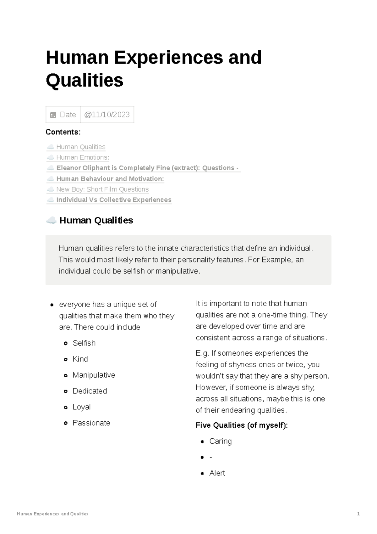 Human Experiences and Qualities - Human Experiences and Qualities Date ...