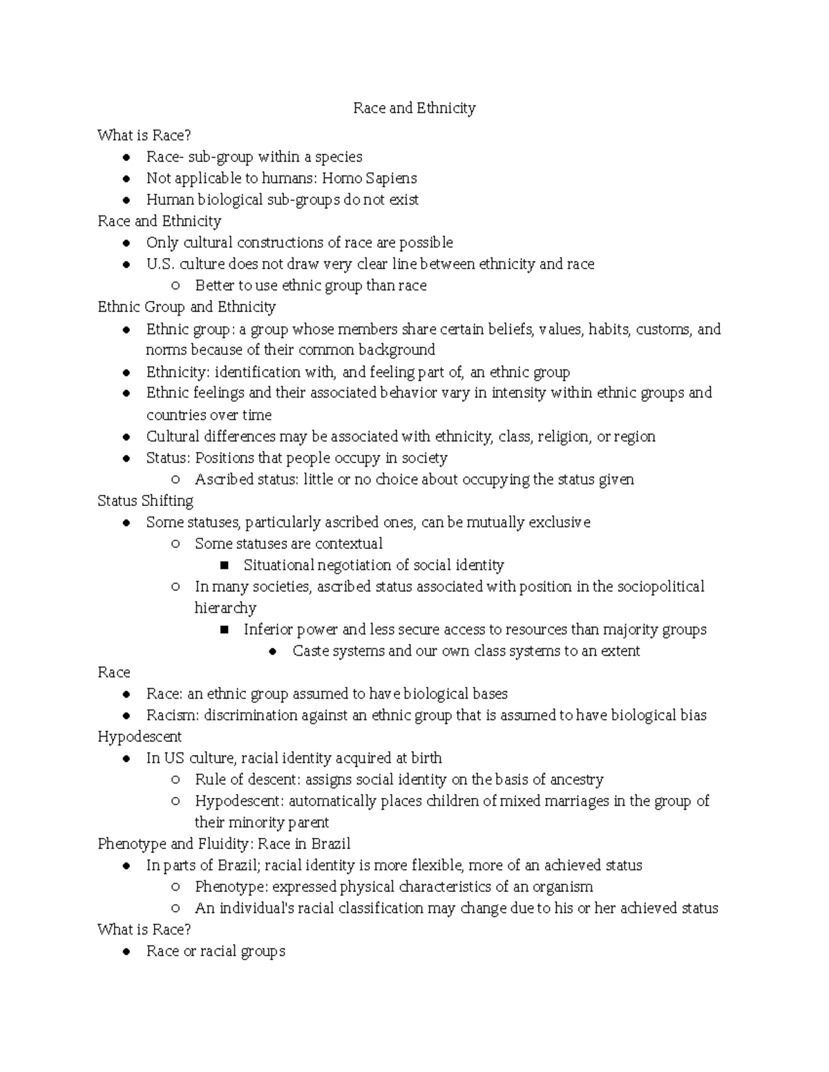 Race and Ethnicity - Professor Cruz lecture notes - Race and Ethnicity ...