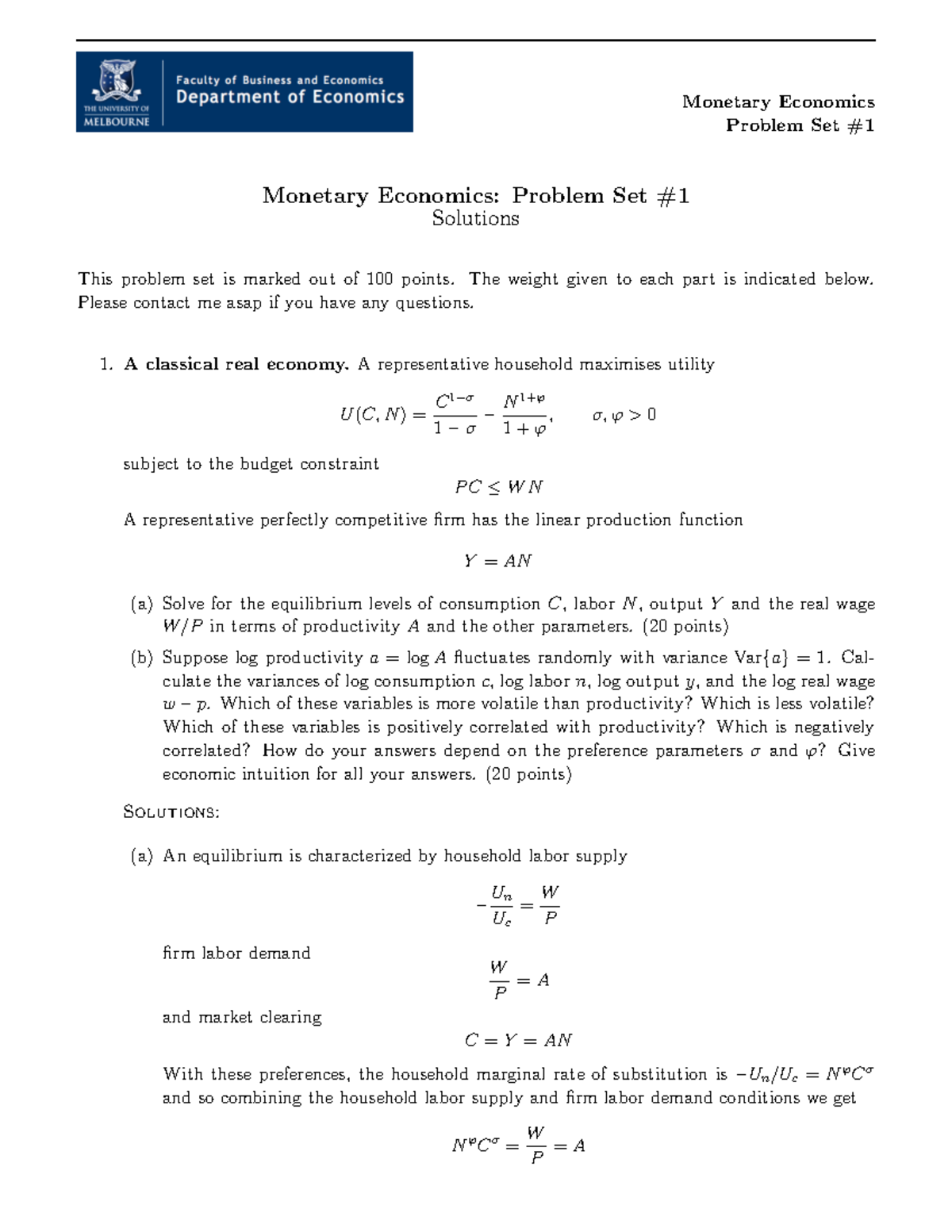 40013 ps1 solutions - Monetary Economics Problem Set # Monetary ...