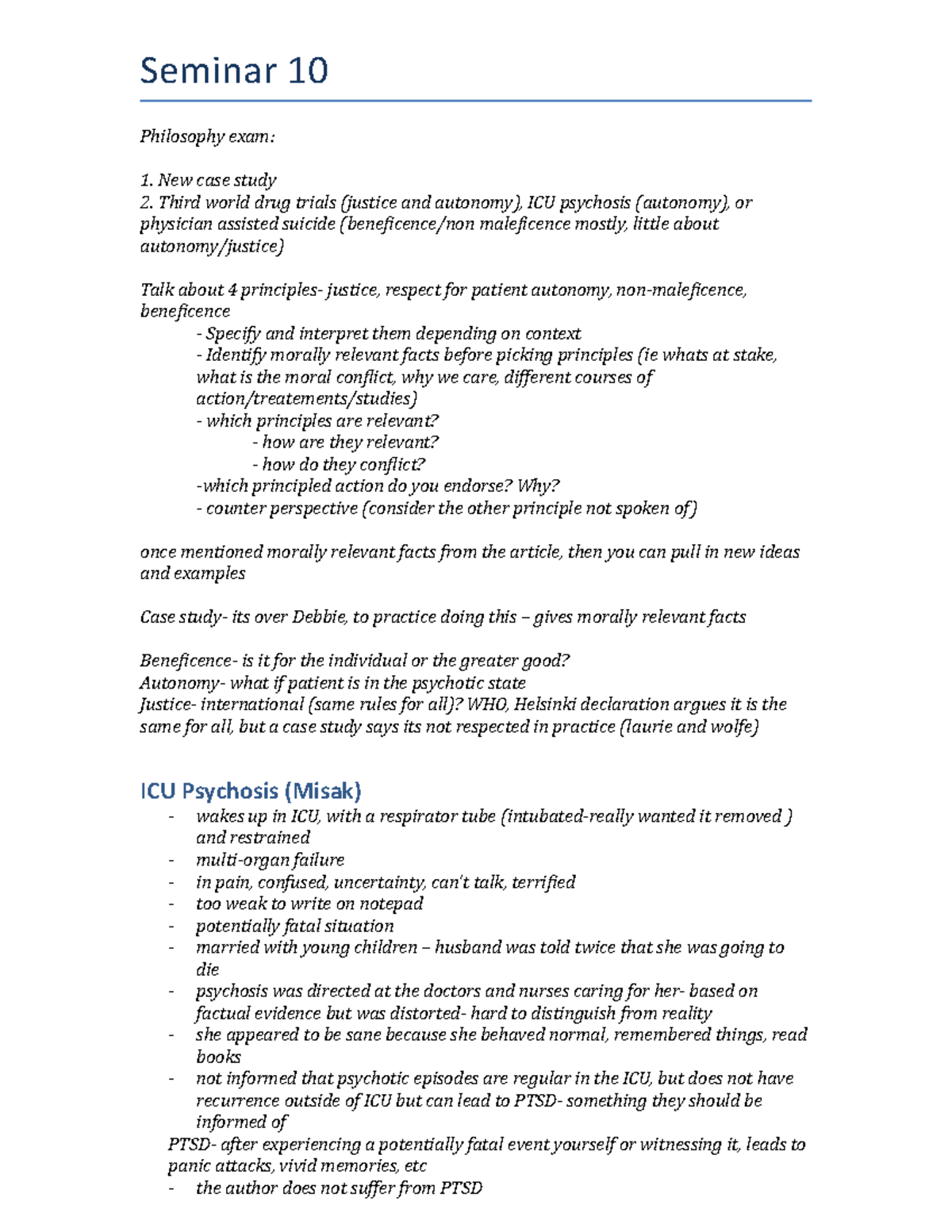 Seminar 10 - tutorial discussing the exam, ICU psychosis, and patient ...