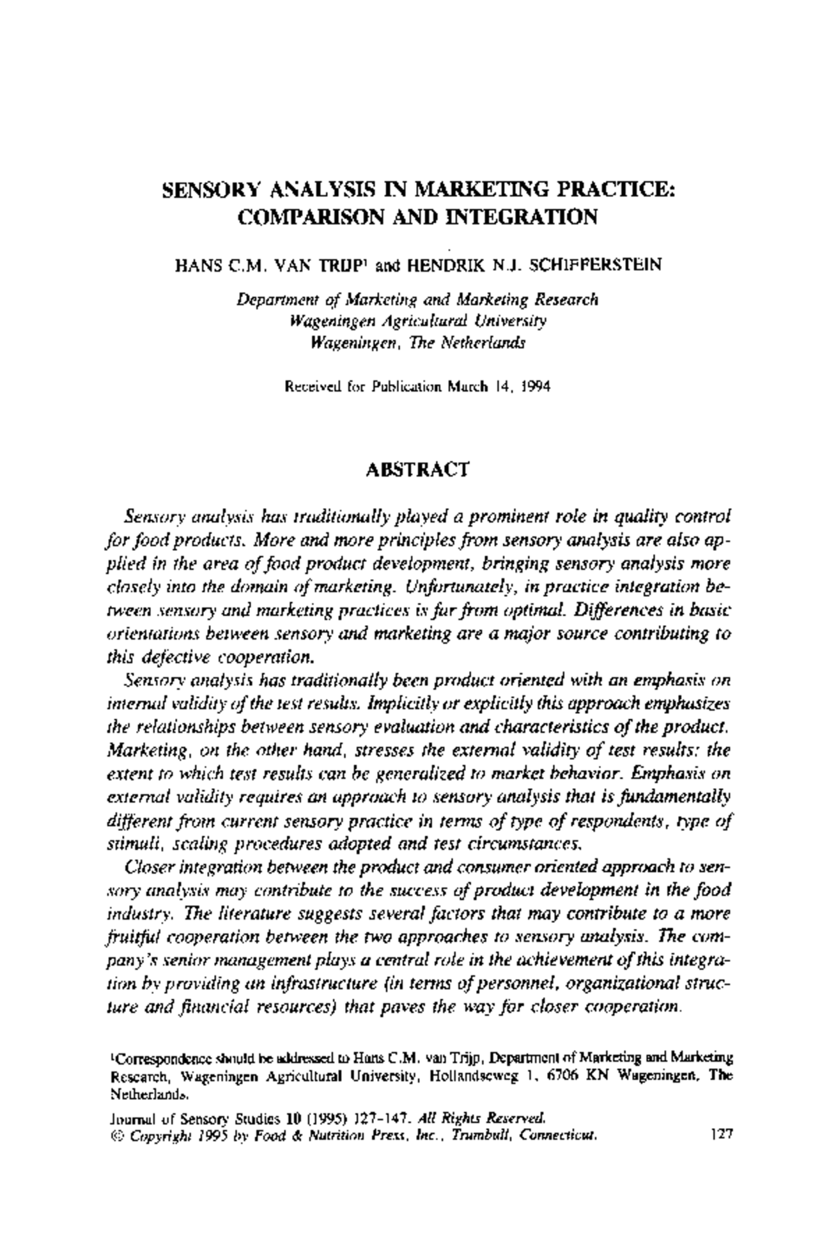 Journal of Sensory Studies - June 1995 - Trijp - Sensory Analysis IN ...