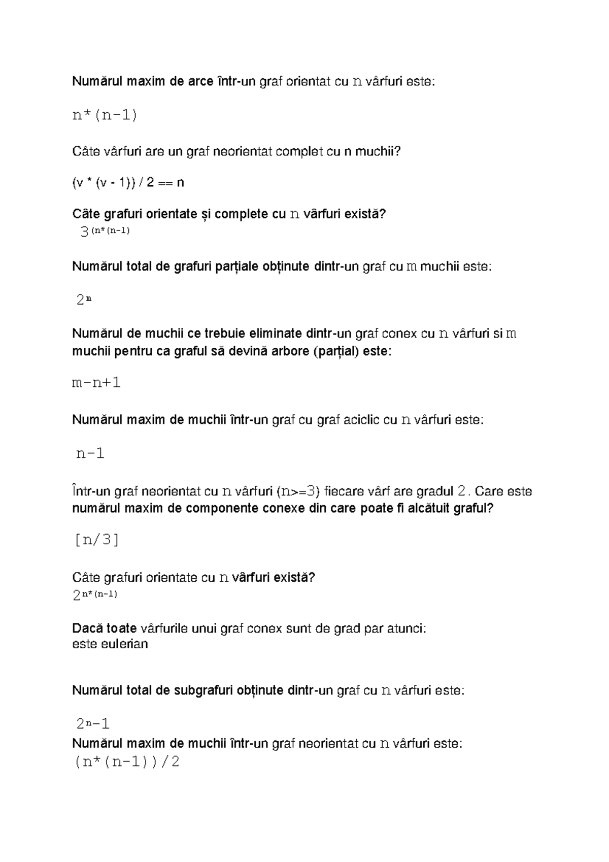 Formule-Grafuri - formule grafuri - Numărul maxim de arce într-un graf orientat cu n vârfuri ...