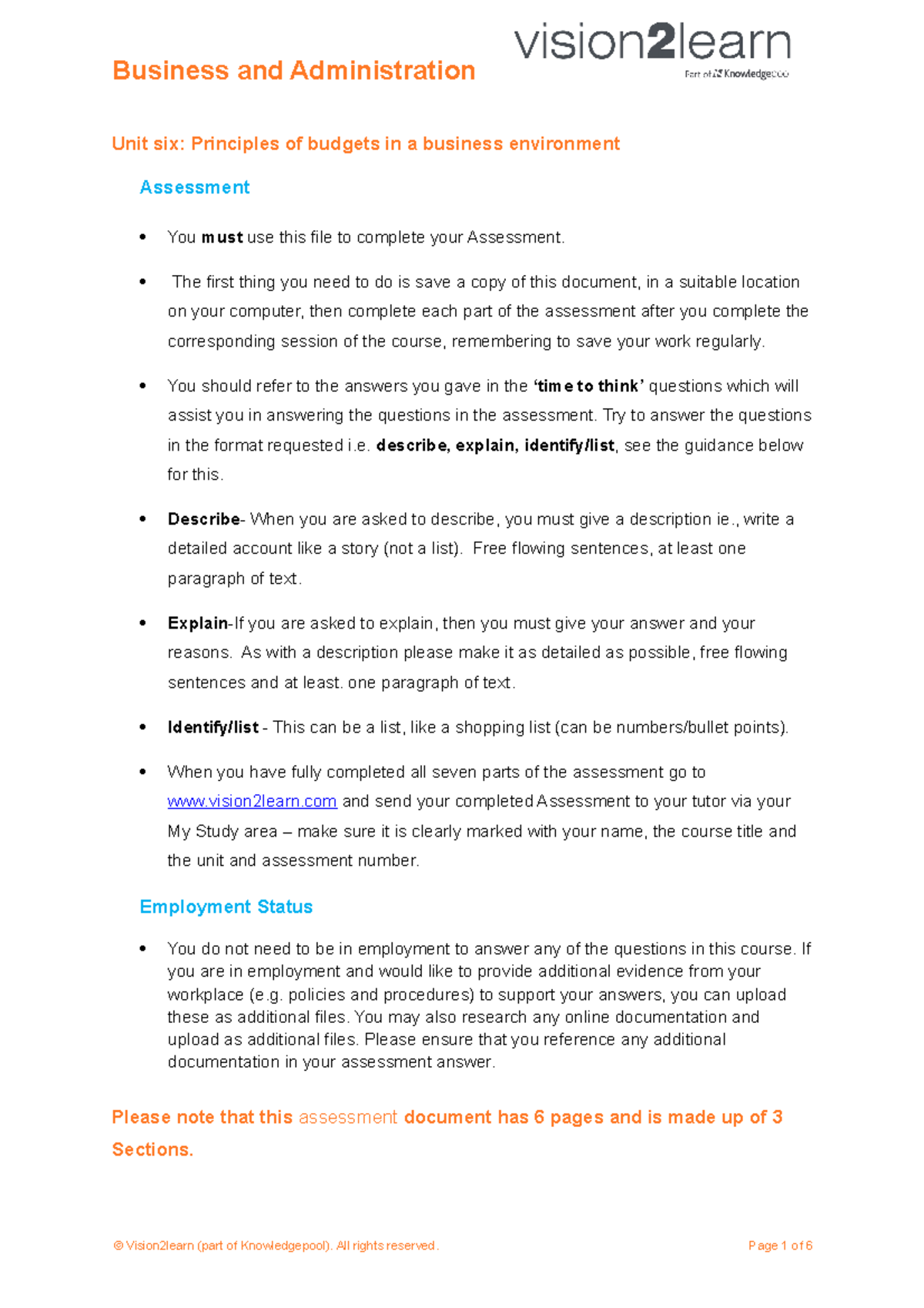 Business admin u6 assessment - Unit six: Principles of budgets in a ...