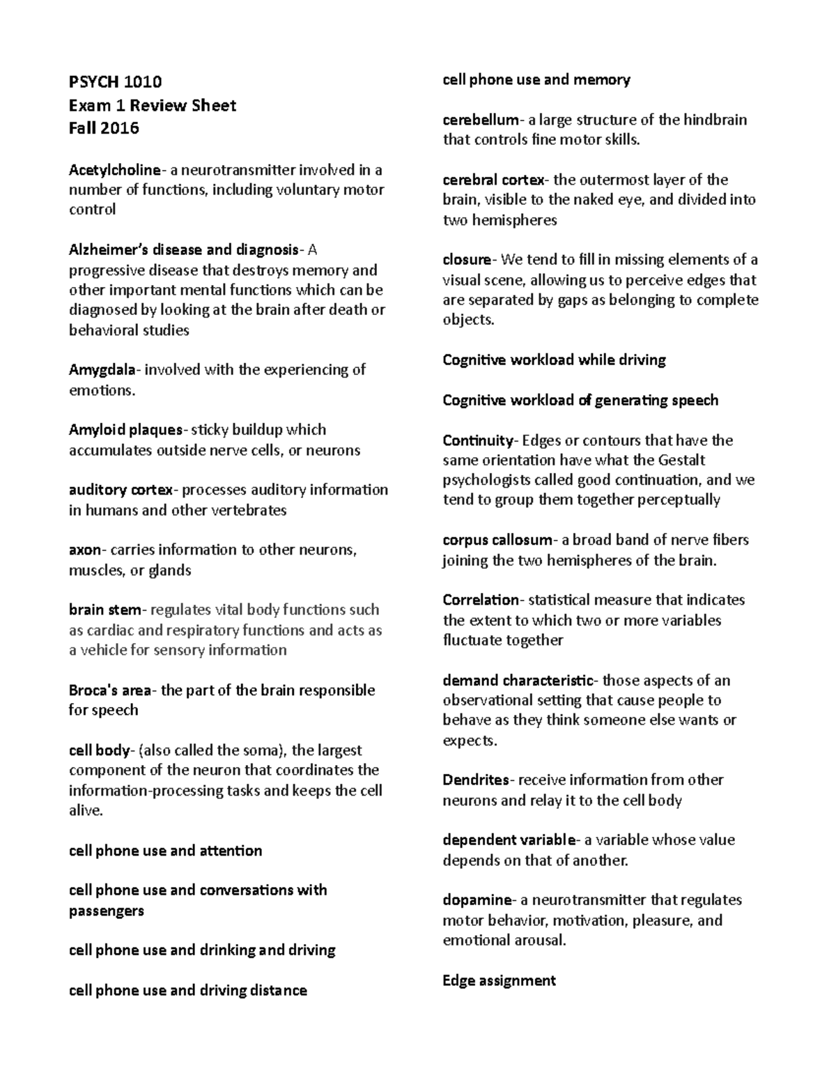 Exam 1 Review Sheet - Lecture notes Exam 1 - PSYCH 1010 Exam 1 Review ...