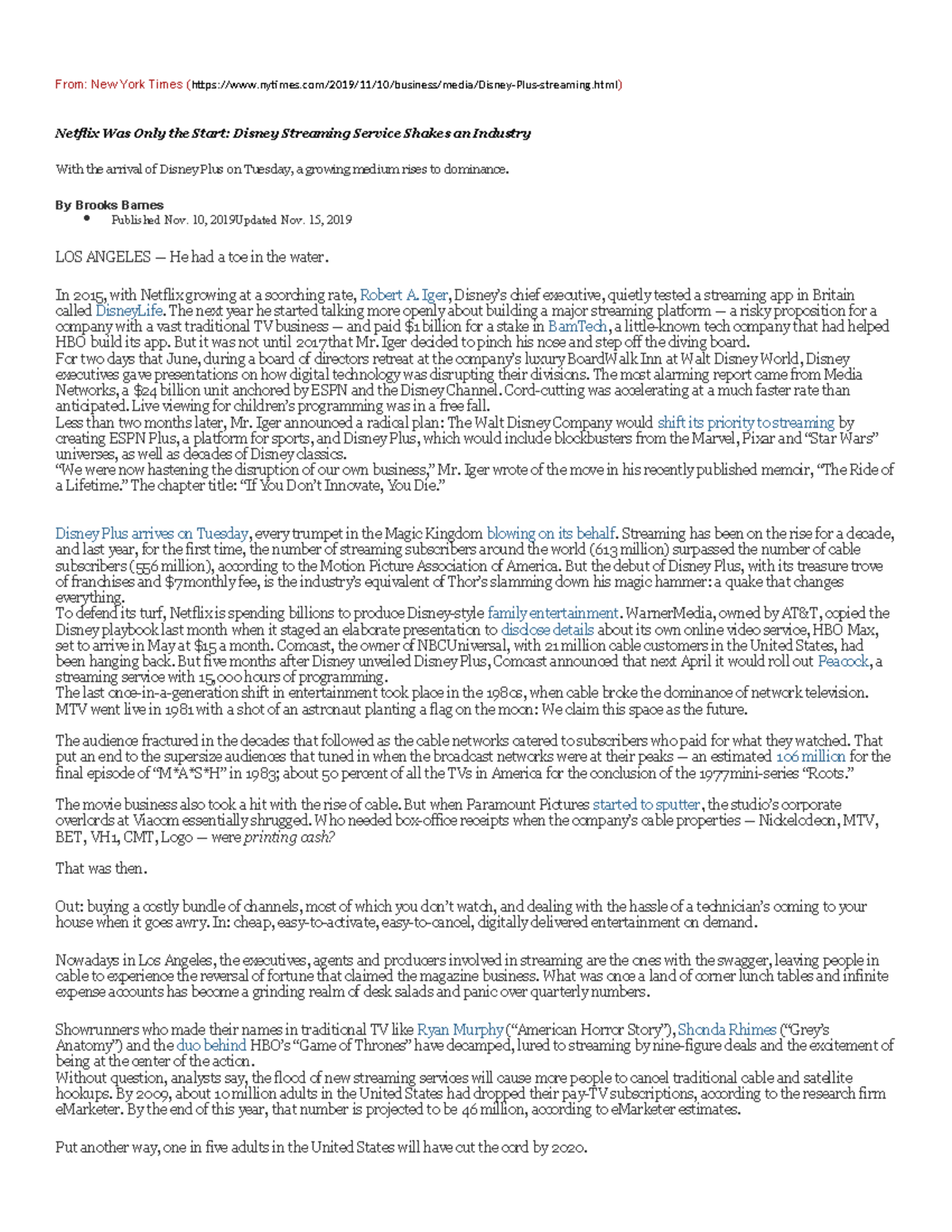 SWOT exercise Disney Plus - From: New York Times - Studocu