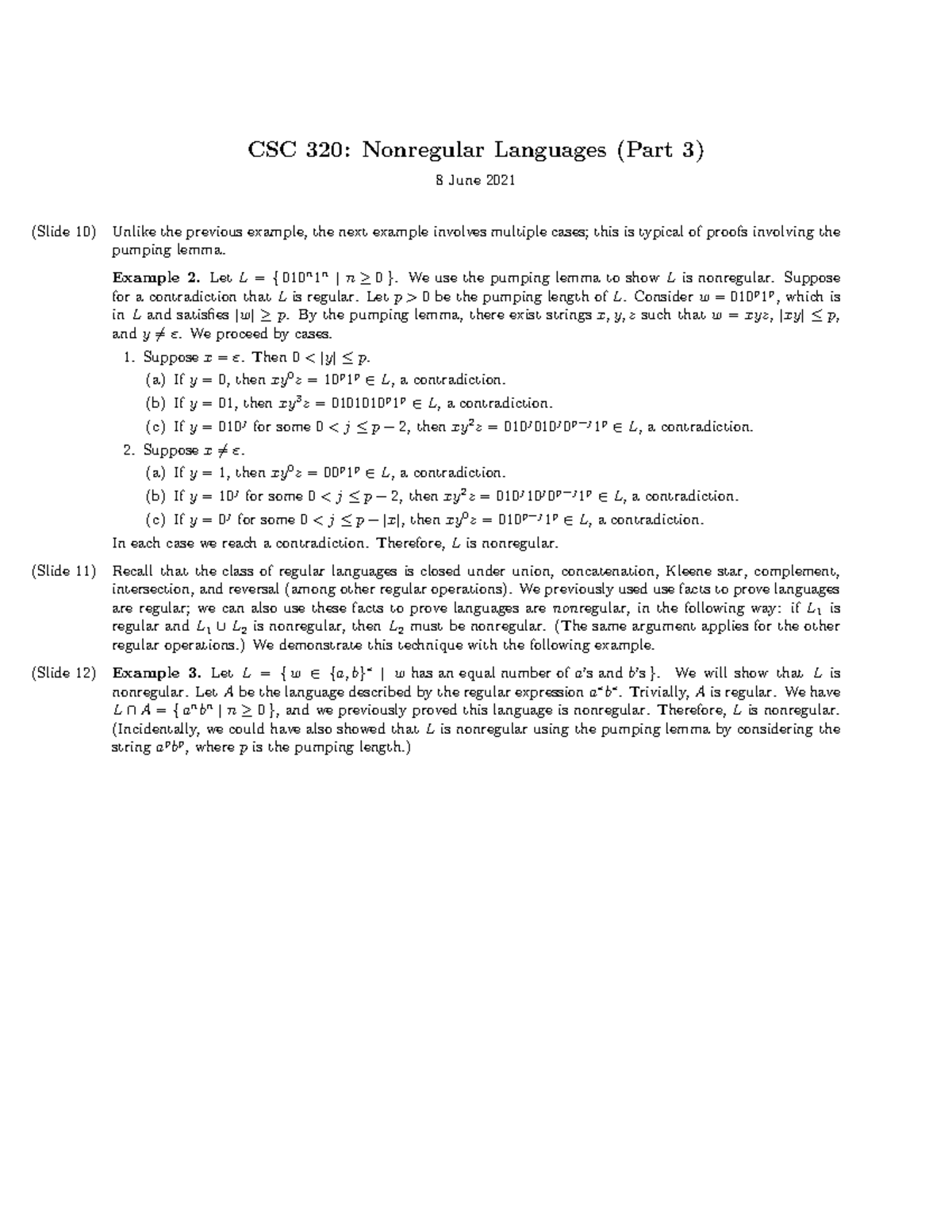 Lecture 06 notes 3 - CSC 320: Nonregular Languages (Part 3) 8 June 2021 ...