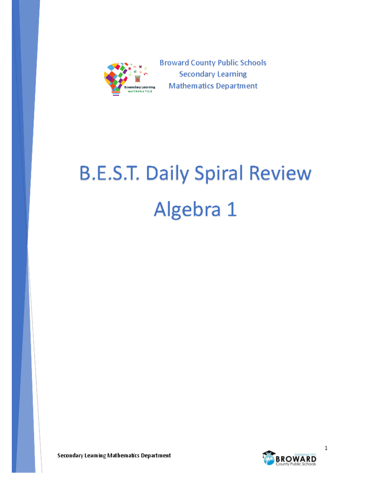 Algebra 1 BEST Spiral Review - 1 Broward County Public Schools ...