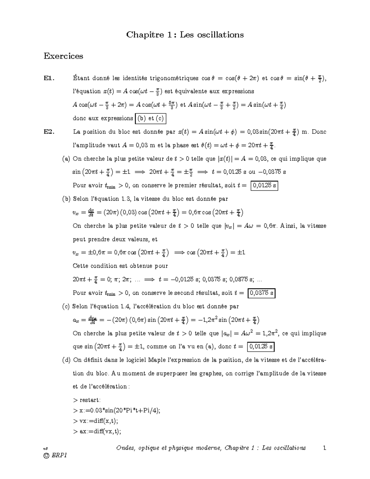 Phy3Sol chp 01 - Solutionnaire du chapitre 1 - Chapitre 1 : Les oscillations Exercices E1. Étant ...